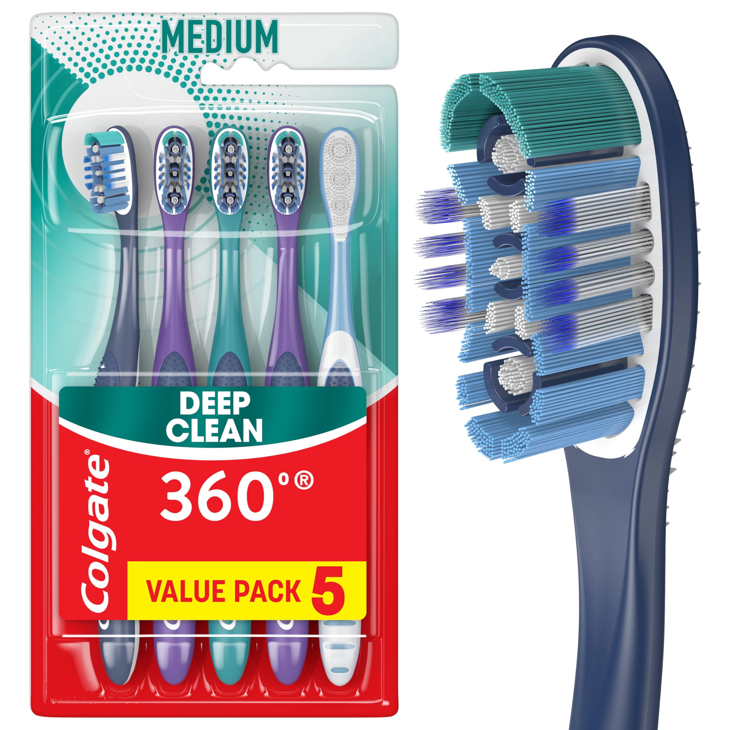 Colgate 360 Whole Mouth Clean Toothbrush, Adult Medium Toothbrushes, 5 ...