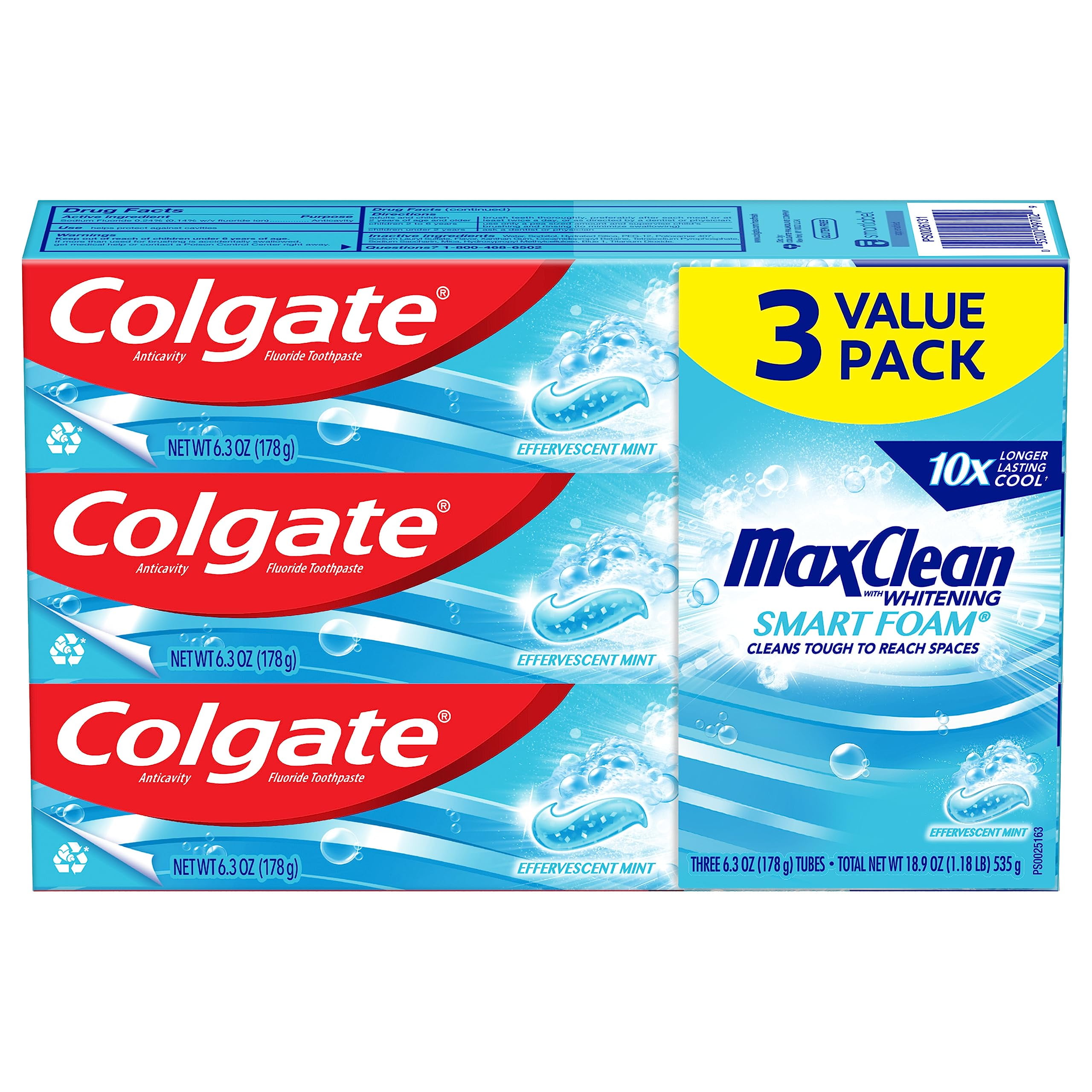 Colgate Max Clean Smart Foam With Whitening Toothpaste, Effervescent ...