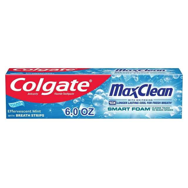 Colgate Max Clean Smart Foam Whitening Toothpaste, Effervescent Mint, 6 ...