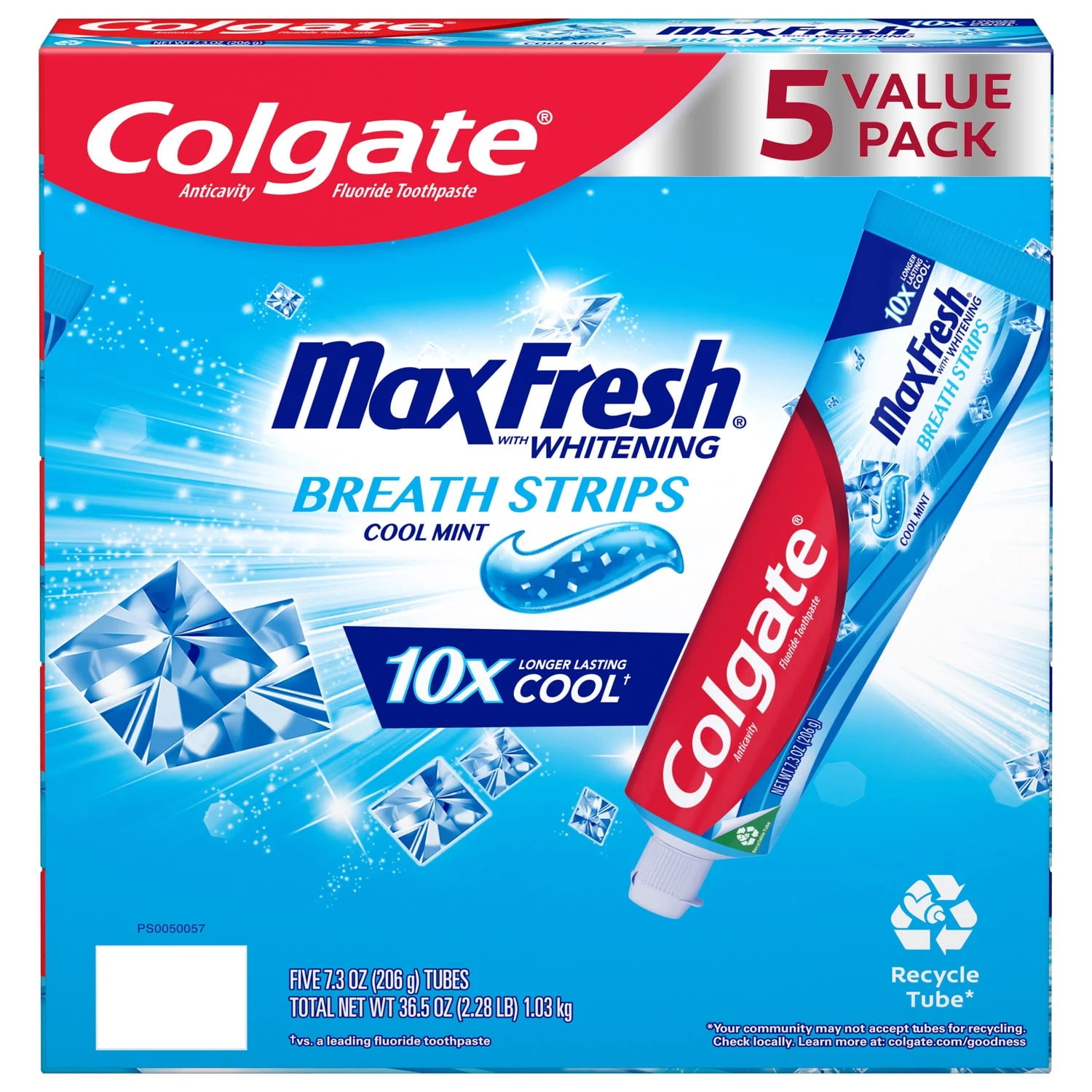 Colgate MaxFresh Toothpaste, Cool Mint, Fluoride, Whitening, 7.3 Oz, 5 ...