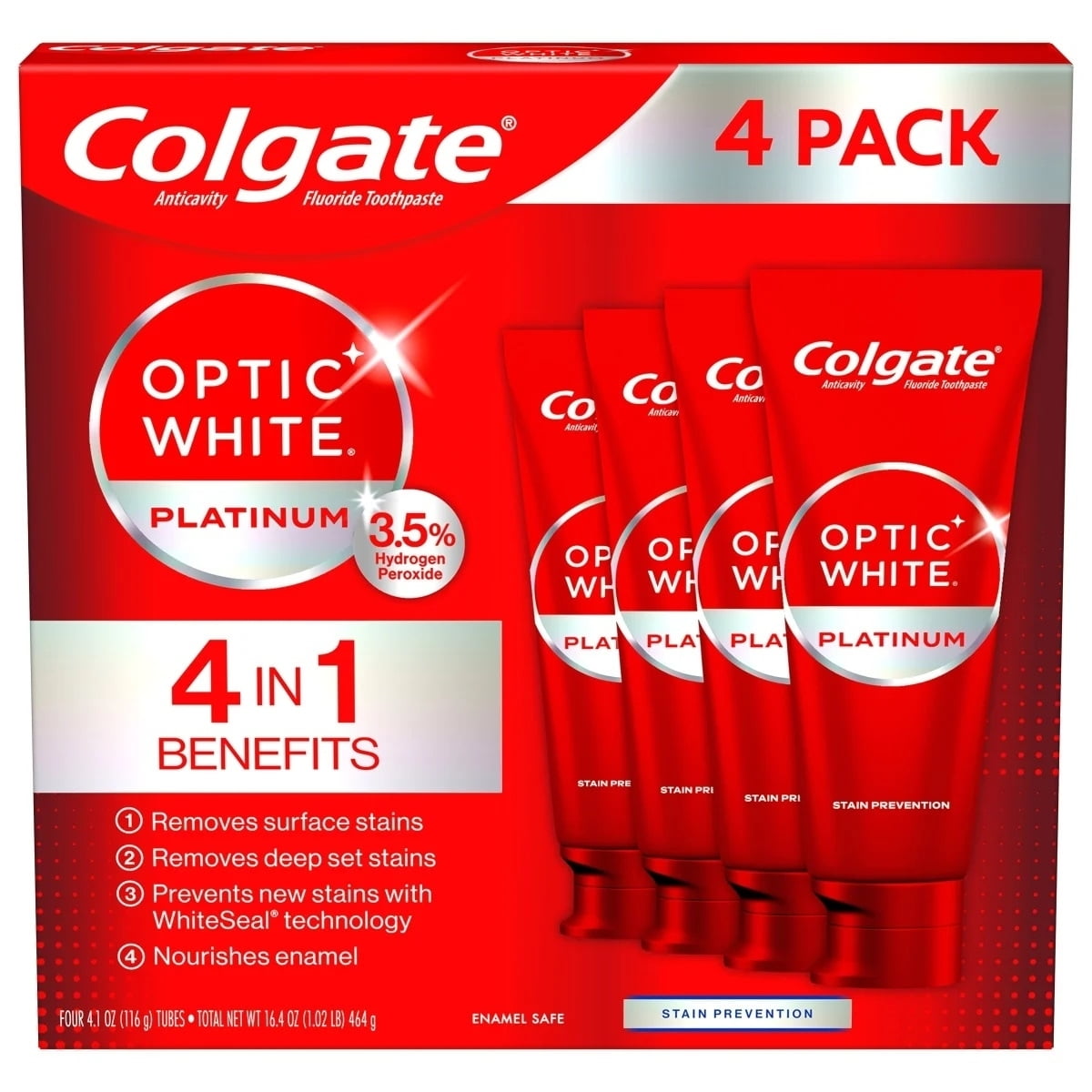 Colgate Optic White Platinum Toothpaste, 4.1 oz Pack of 4, 3.5% ...