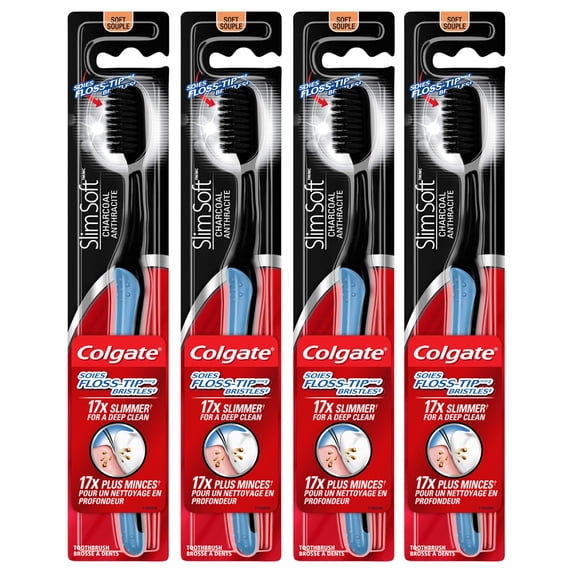 Colgate Slimsoft Floss-Tip Charcoal Toothbrush, Soft (4 Count) - Pack ...