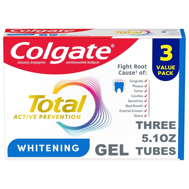 Colgate Total Active Prevention Whitening Gel Toothpaste, Mint, 3 Pack ...