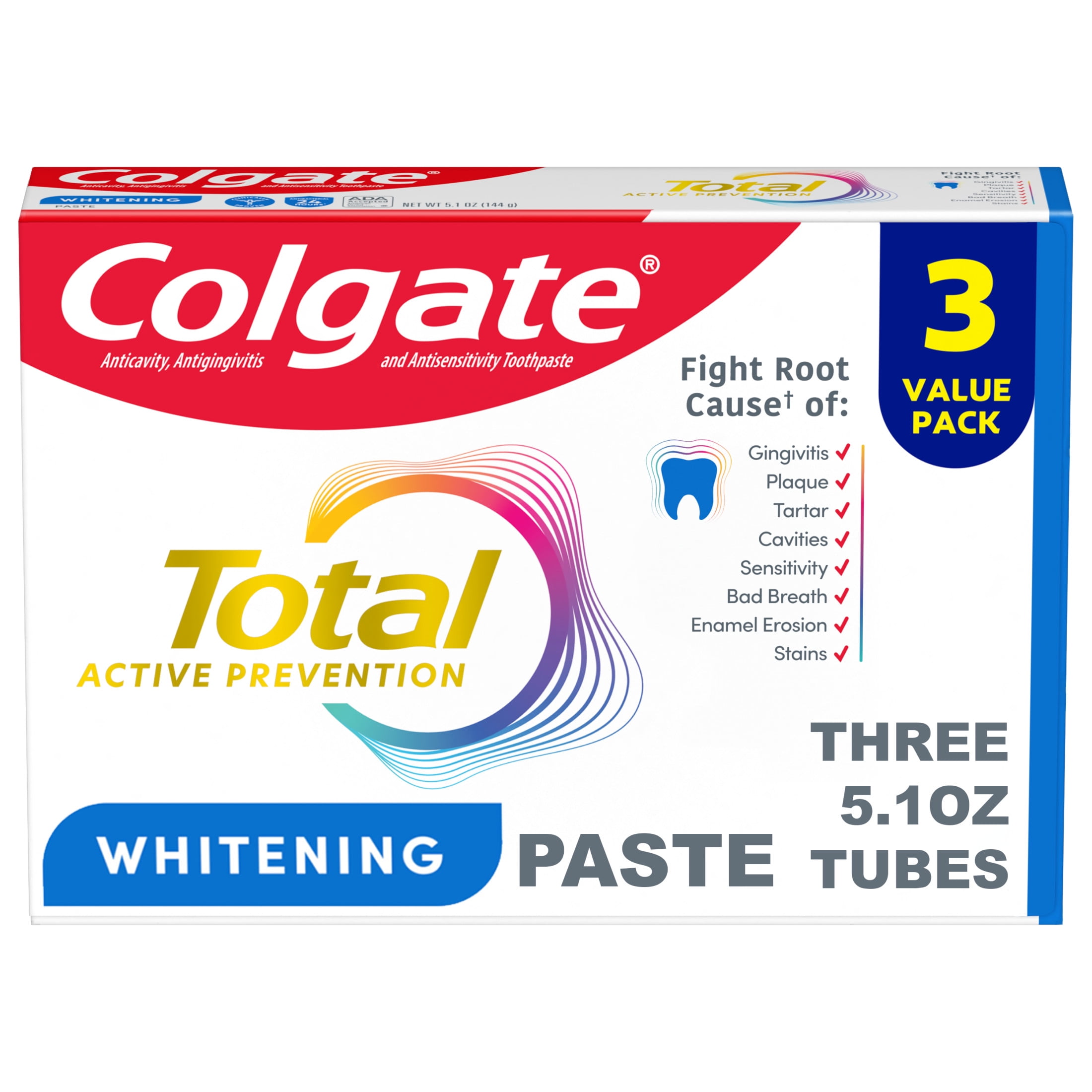 Colgate Total Active Prevention Whitening Toothpaste, Mint, 3 Pack, 5.1 ...