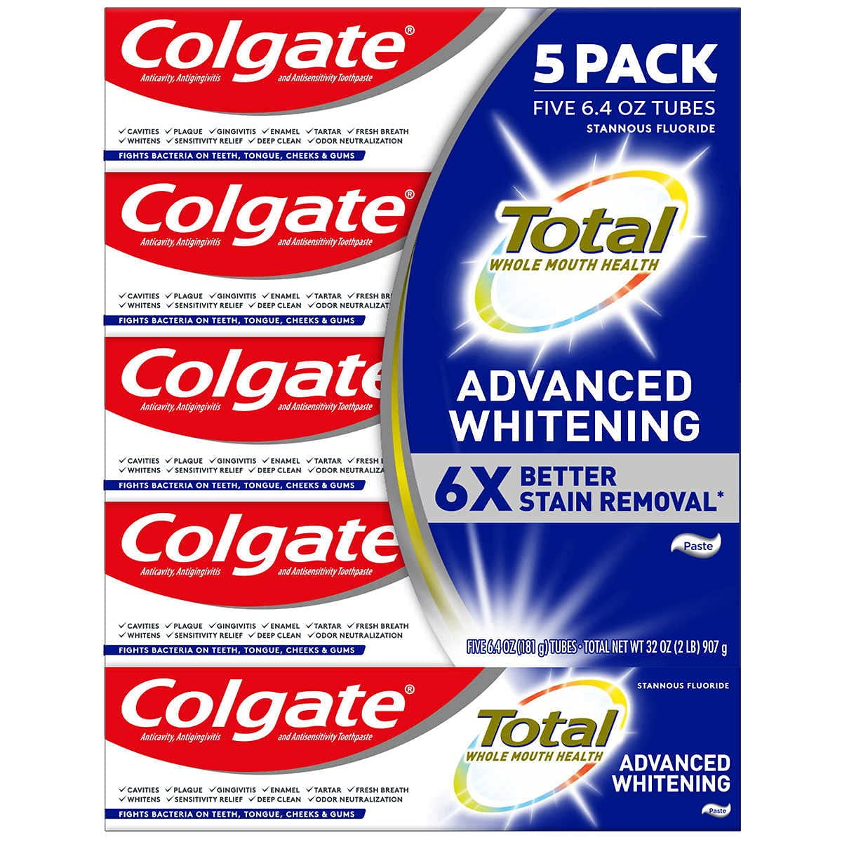 Colgate Total Advanced Whitening Toothpaste, 6.4 Oz, 5-Pack | Vegan ...