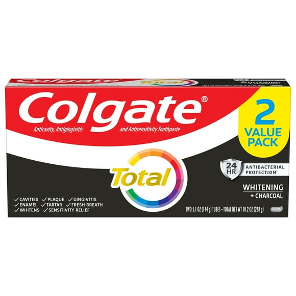 Colgate Total Whitening + Charcoal Toothpaste, Mint, 2 Pack, 5.1 Oz Tubes
