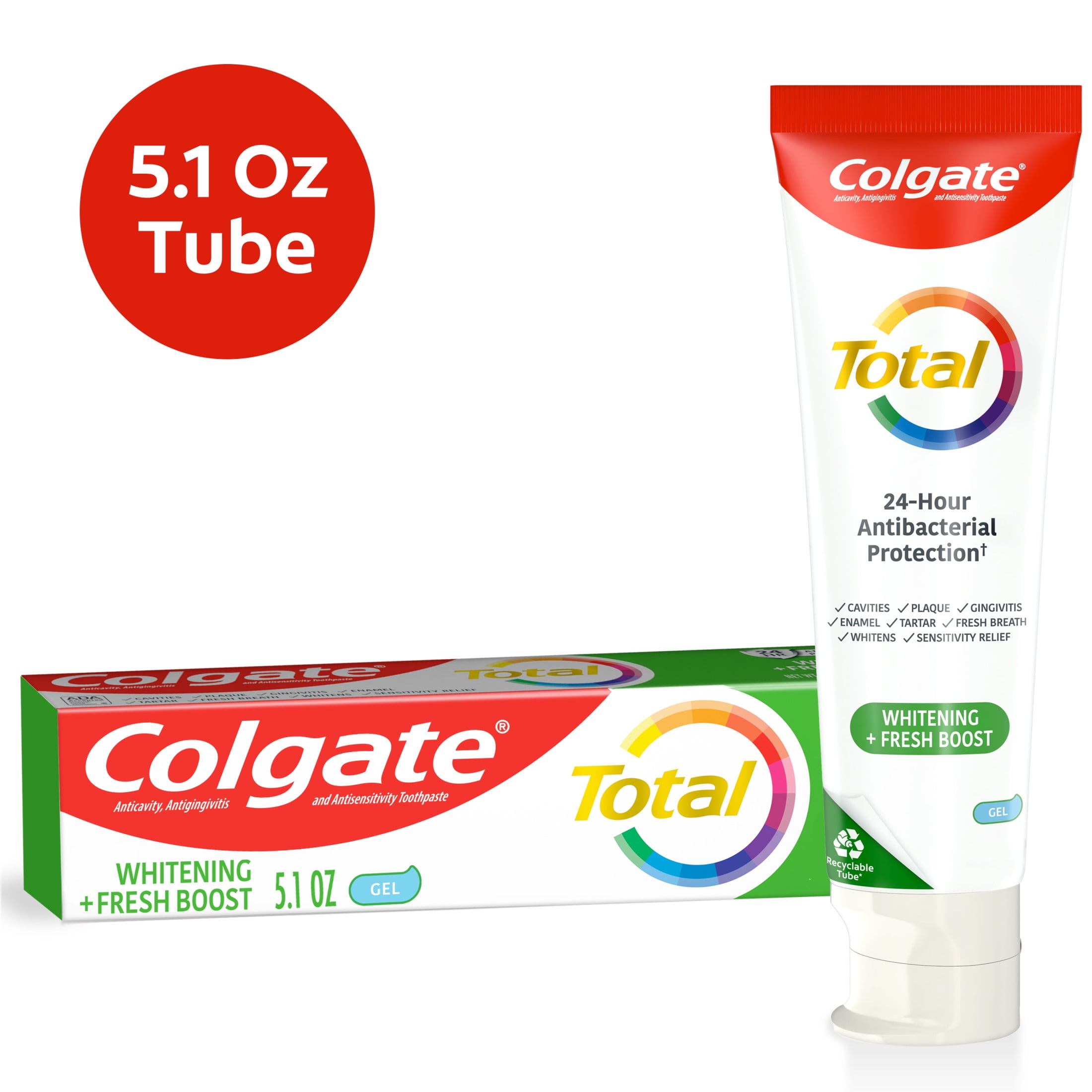 Colgate Total Whitening + Fresh Boost Toothpaste Gel, Mint, 1 Pack, 5.1 ...