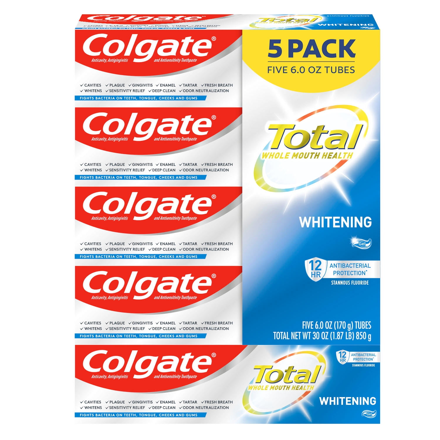 Colgate Total Whitening Gel Toothpaste, 6 oz, 5 pk, Fights Plaque and ...