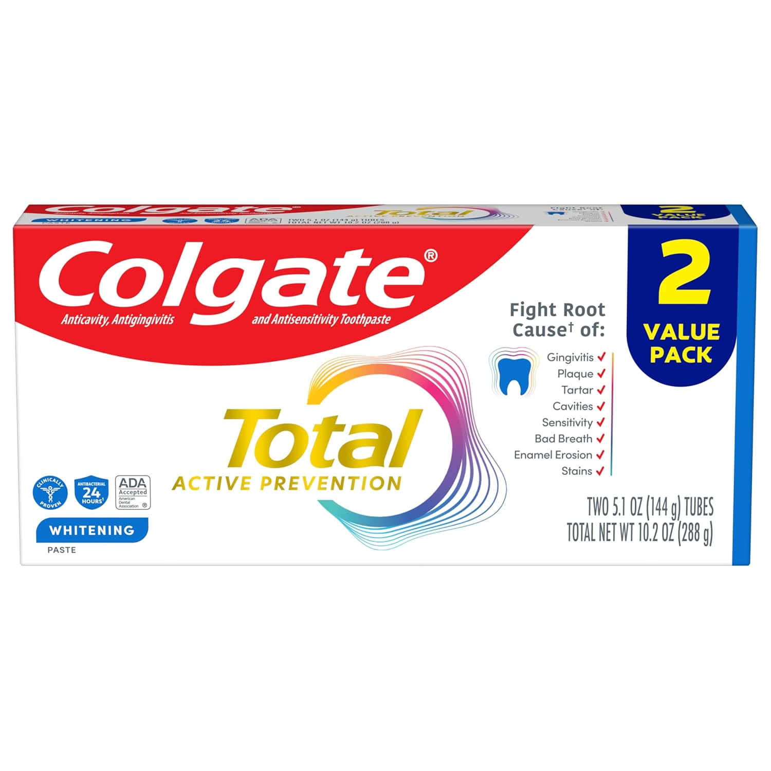 Colgate Total Whitening Toothpaste, Mint Toothpaste, 5.1 oz Tube, 2 ...