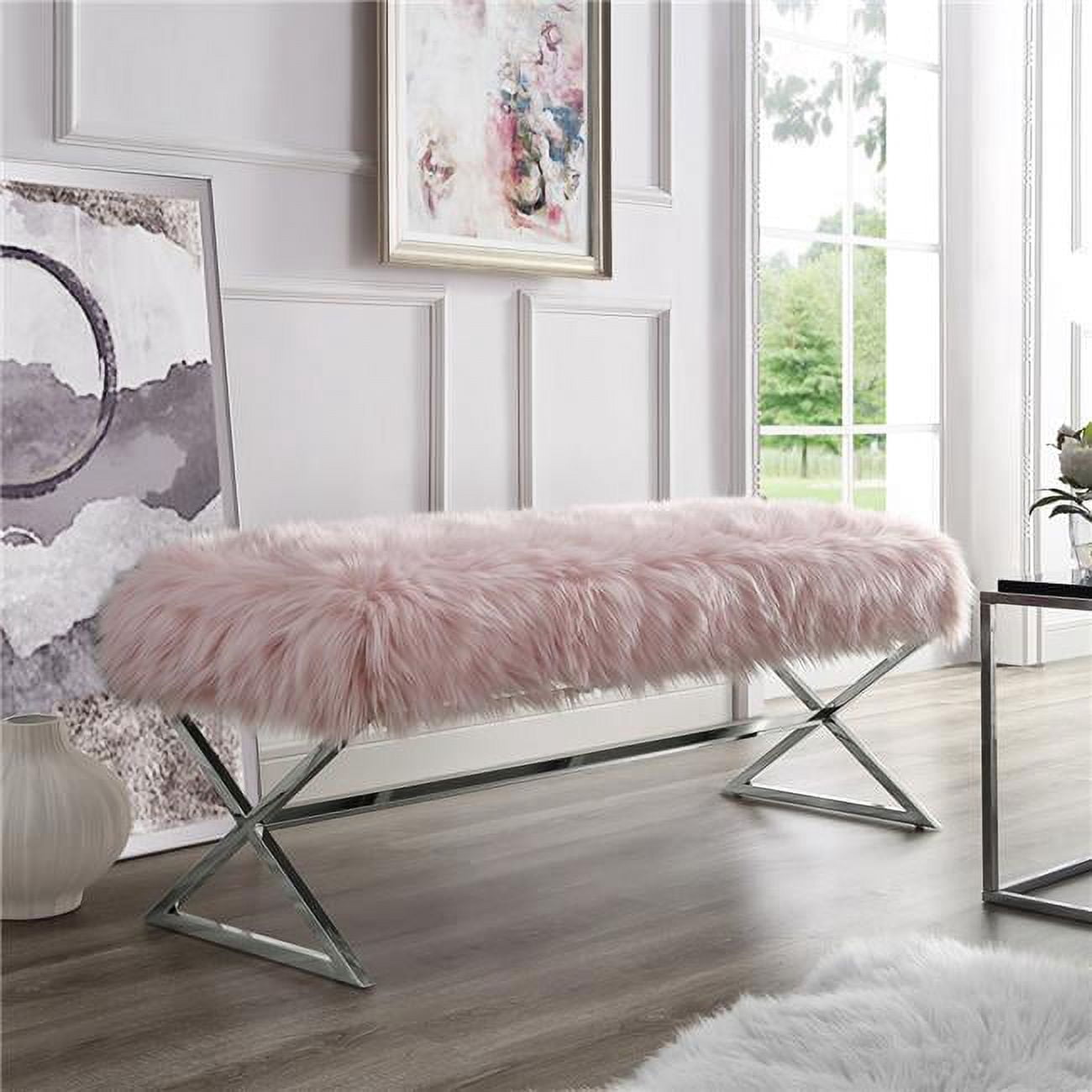 Posh Colin Fur Fabric Upholstered Bench with Stainless Steel Legs ...