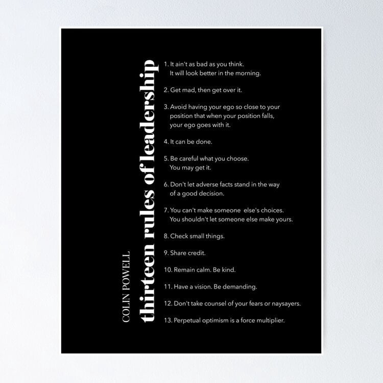 Colin Powell Thirteen Rules Of Leadership Poster, 8x12 UNFRAMED ...