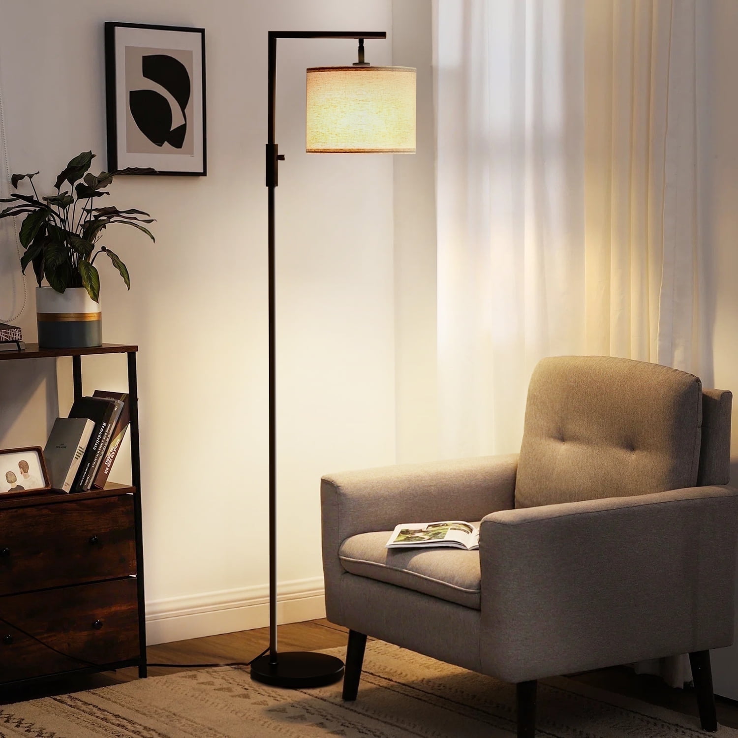 Coliware Arc Floor Lamp, Tall Adjustable Reading Light with Linen Shade ...