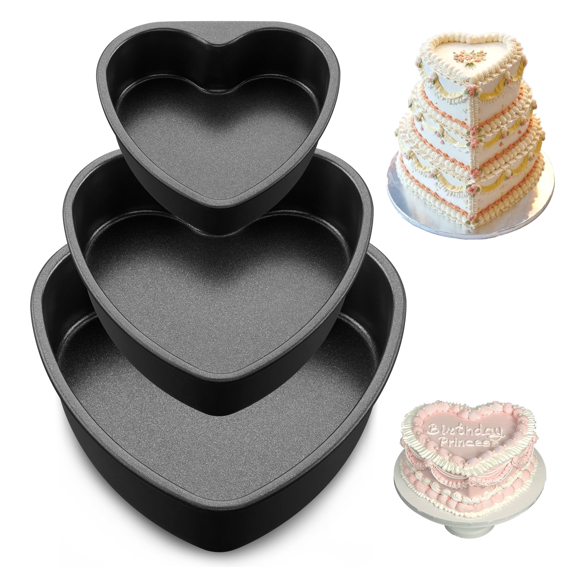 Coliware Heart-Shaped Cake Pan Set of 3, Black Nonstick Baking Mold ...