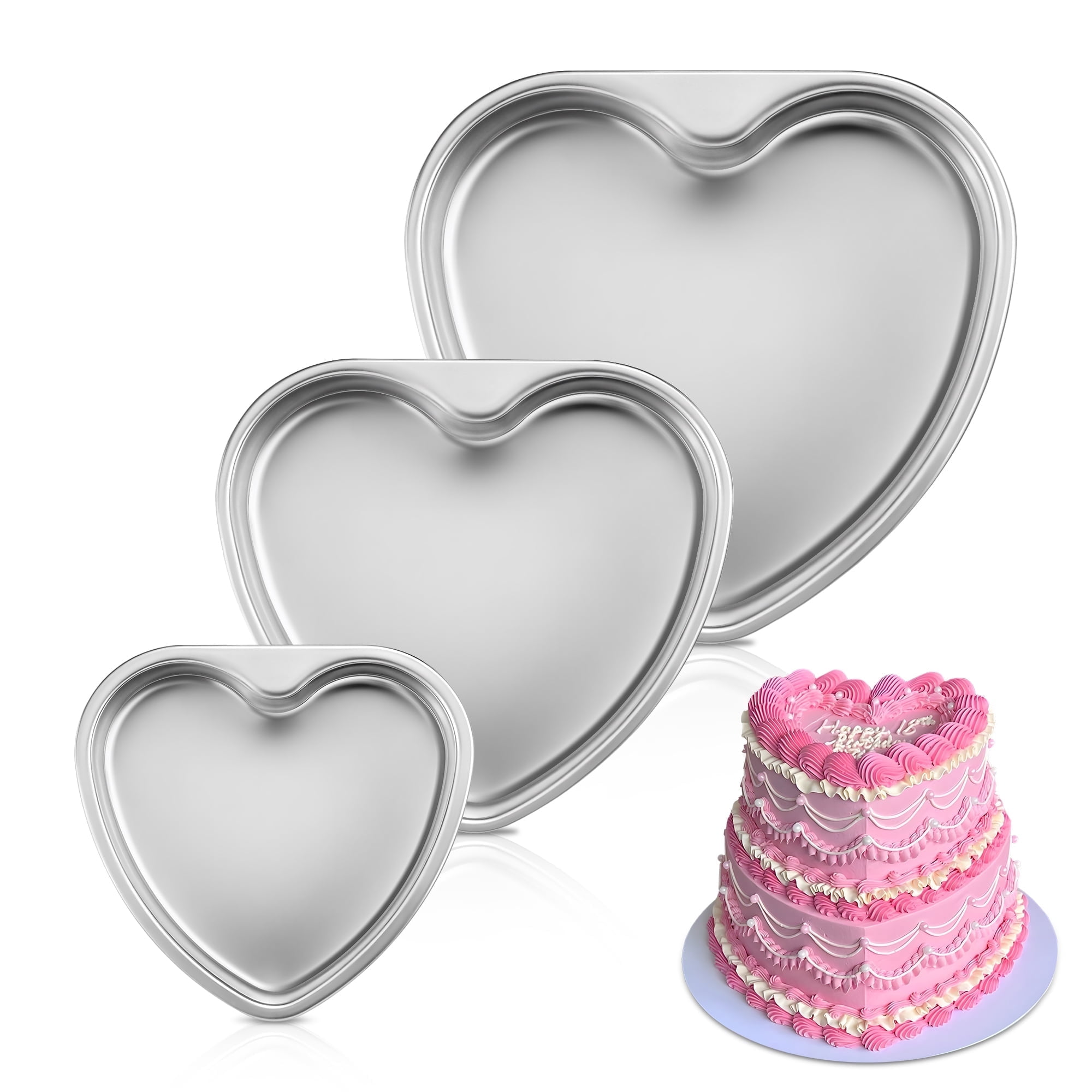 Coliware Heart-Shaped Cake Pan Set of 3, Nonstick Baking Mold with Size ...