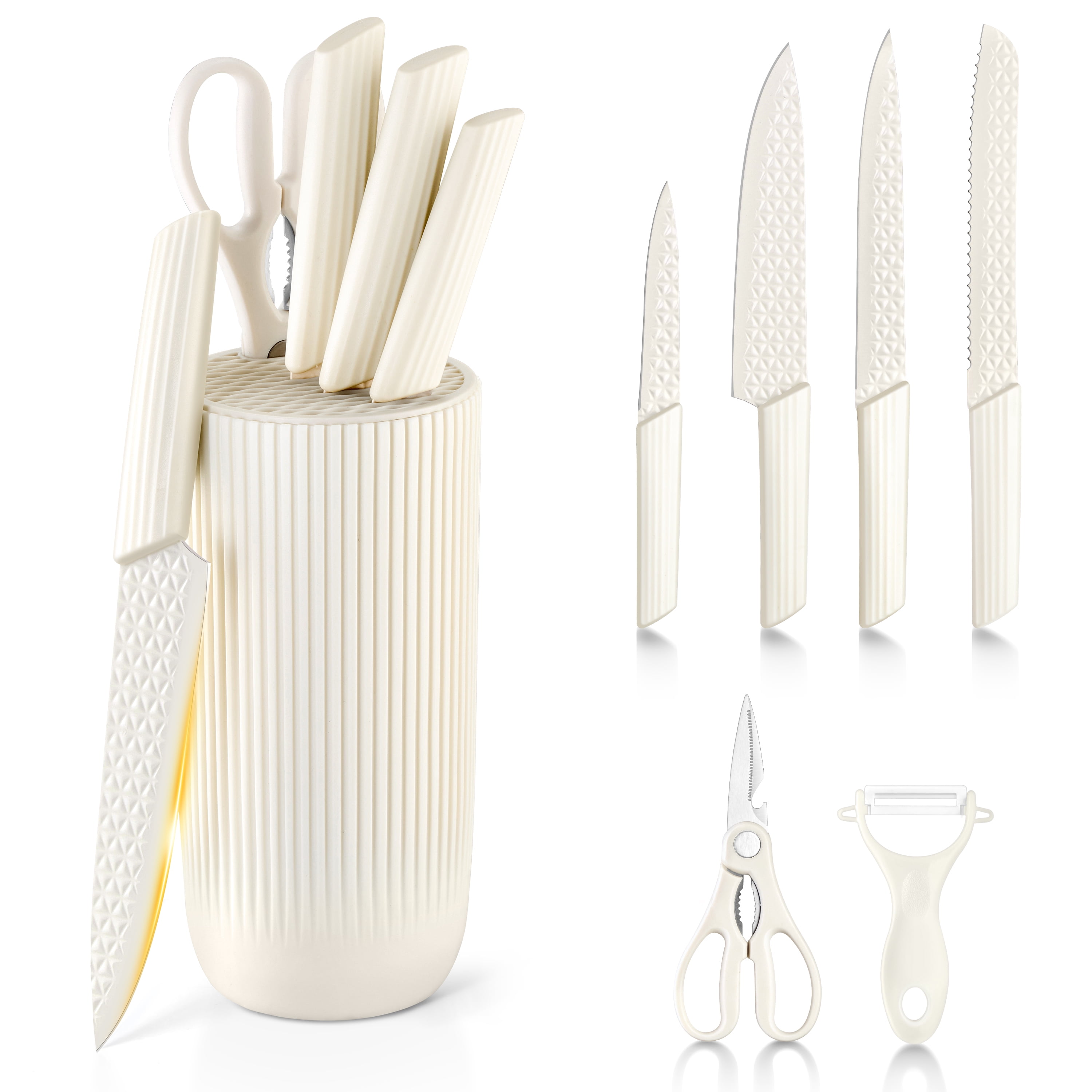 Coliware Kitchen Knife Set, 7 Pcs Stainless Steel White Knives Block ...