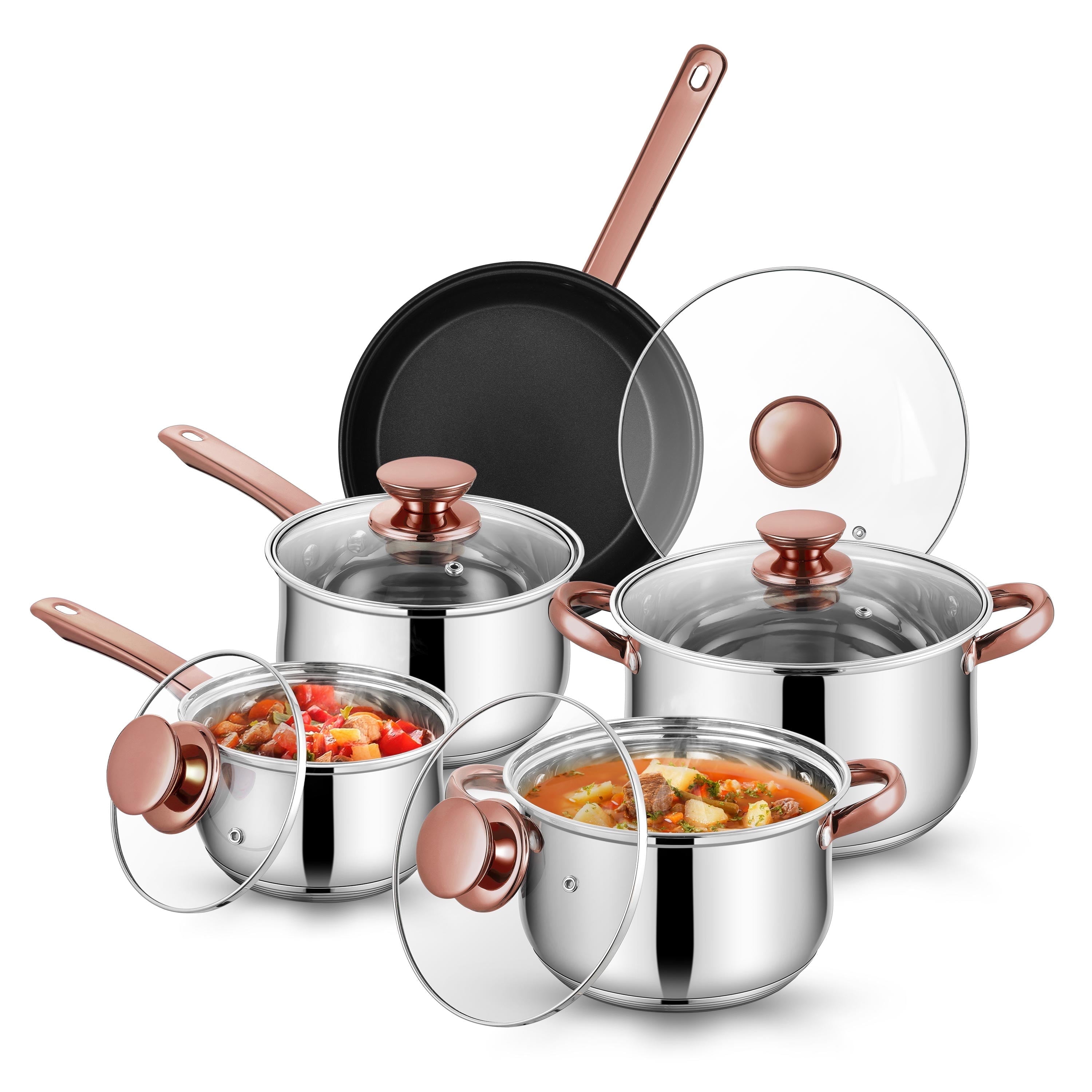 Coliware Rose Gold Stainless Steel Pot and Pan Set, 5Pcs Cookware ...