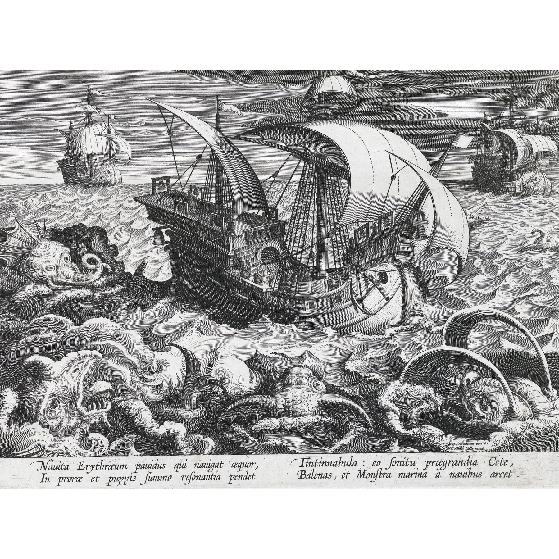 Collaert Sea Monsters Around A Ship Engraving Extra Large XL Wall Art ...
