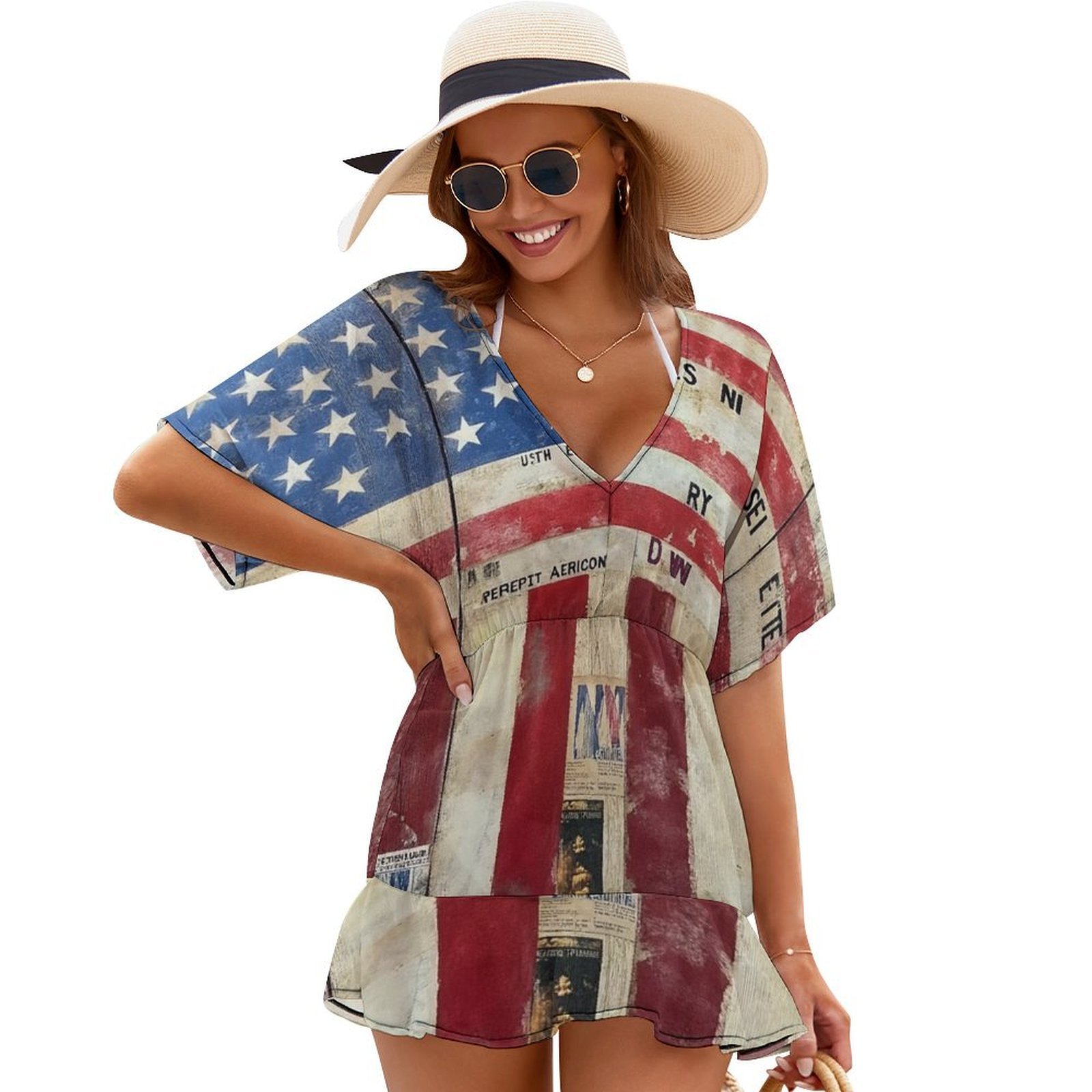 Collage American Flag Art Beach Cover Ups Women V Neck Short Sleeve ...