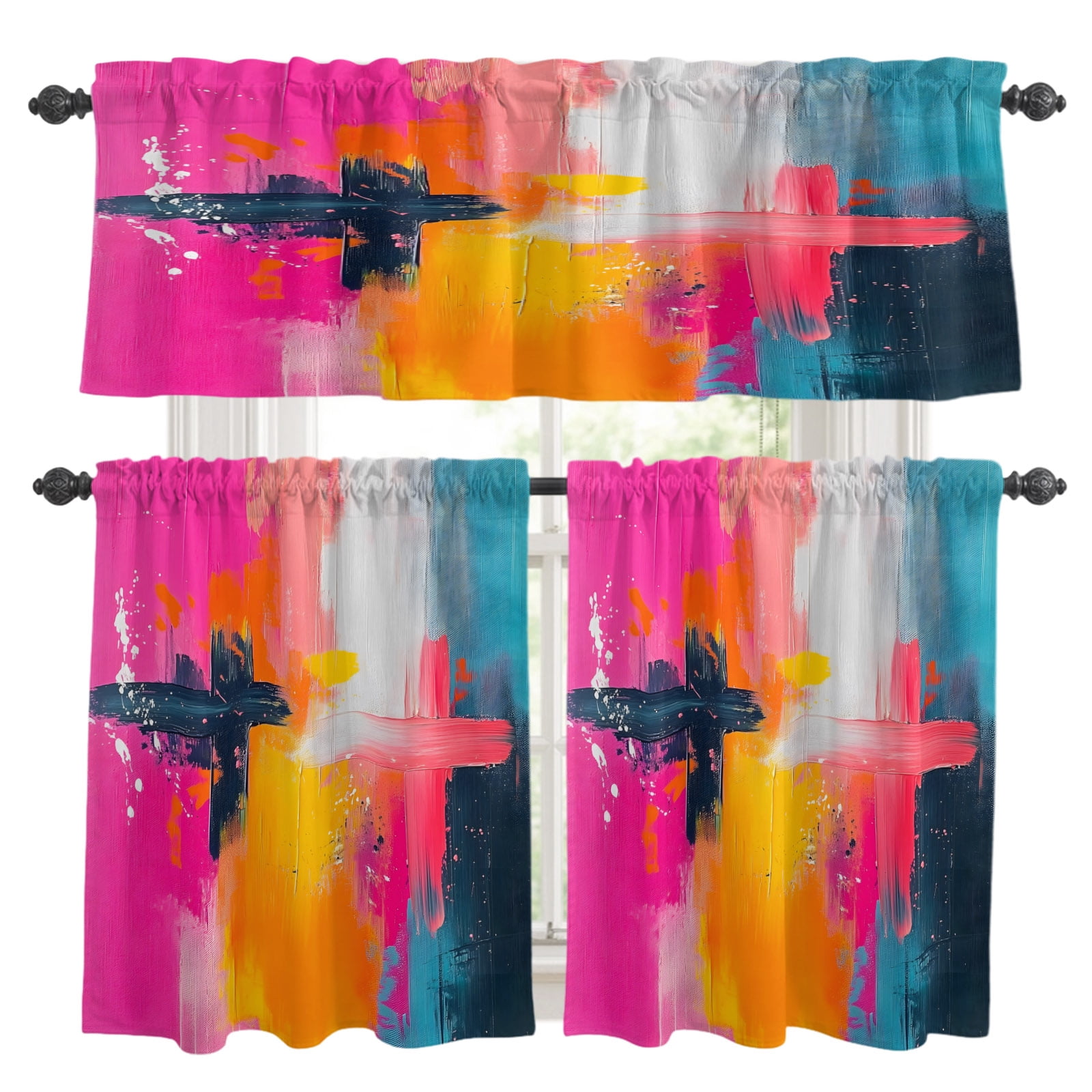 Collage Art Kitchen Curtains Valance and Tier Set Abstract Pink Blue ...