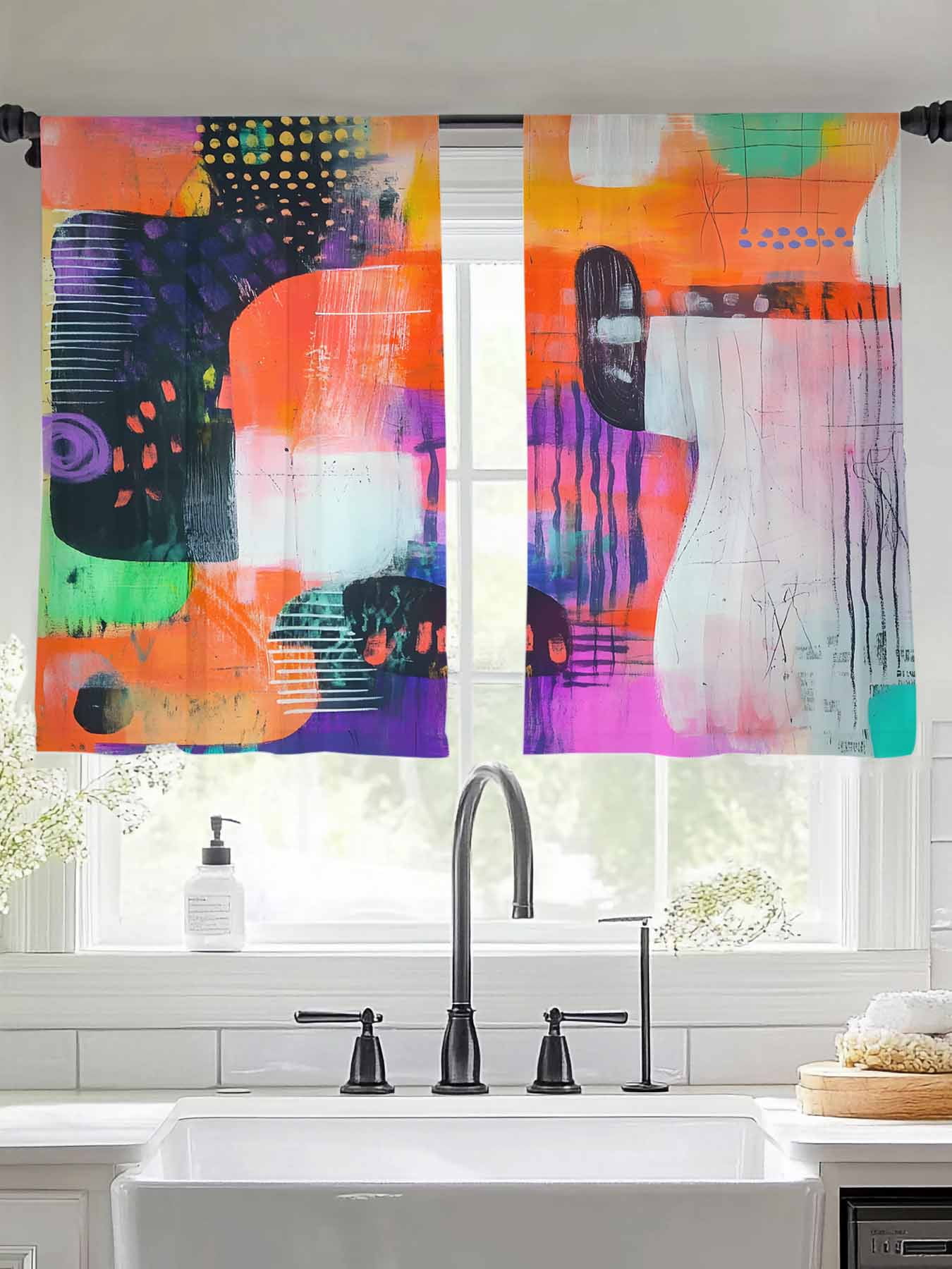 Collage Art Sheer Curtains 45 Inches Long 2 Panels Abstract Orange ...