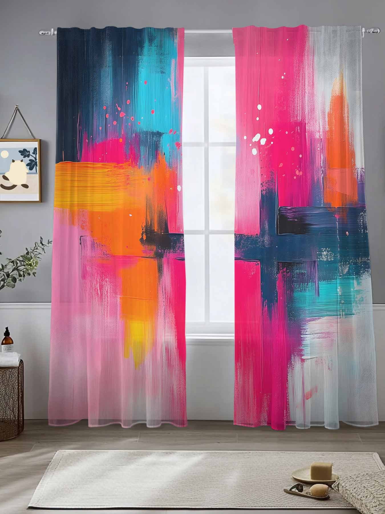 Collage Art Sheer Curtains 84 Inches Long 2 Panels Pink Blue Modernism ...