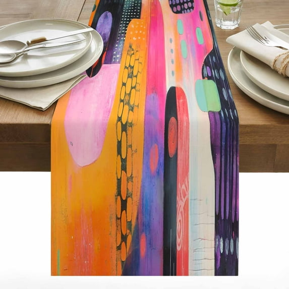 Collage Art Table Runner 13x72 inch Abstract Purple Orange Black Color ...