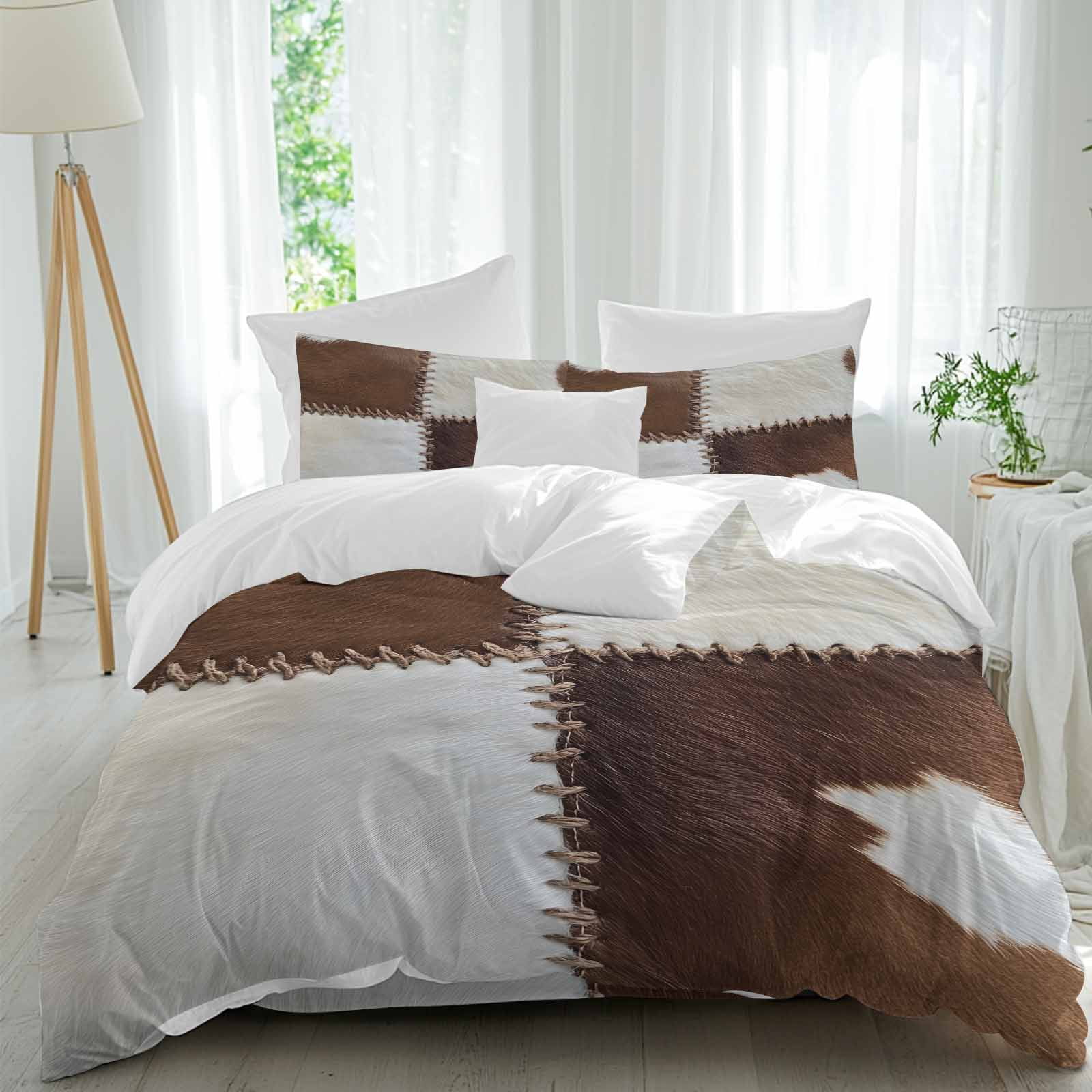 Collage Cowhide Duvet Cover Set Queen Size Abstract Brown Seam Cow ...