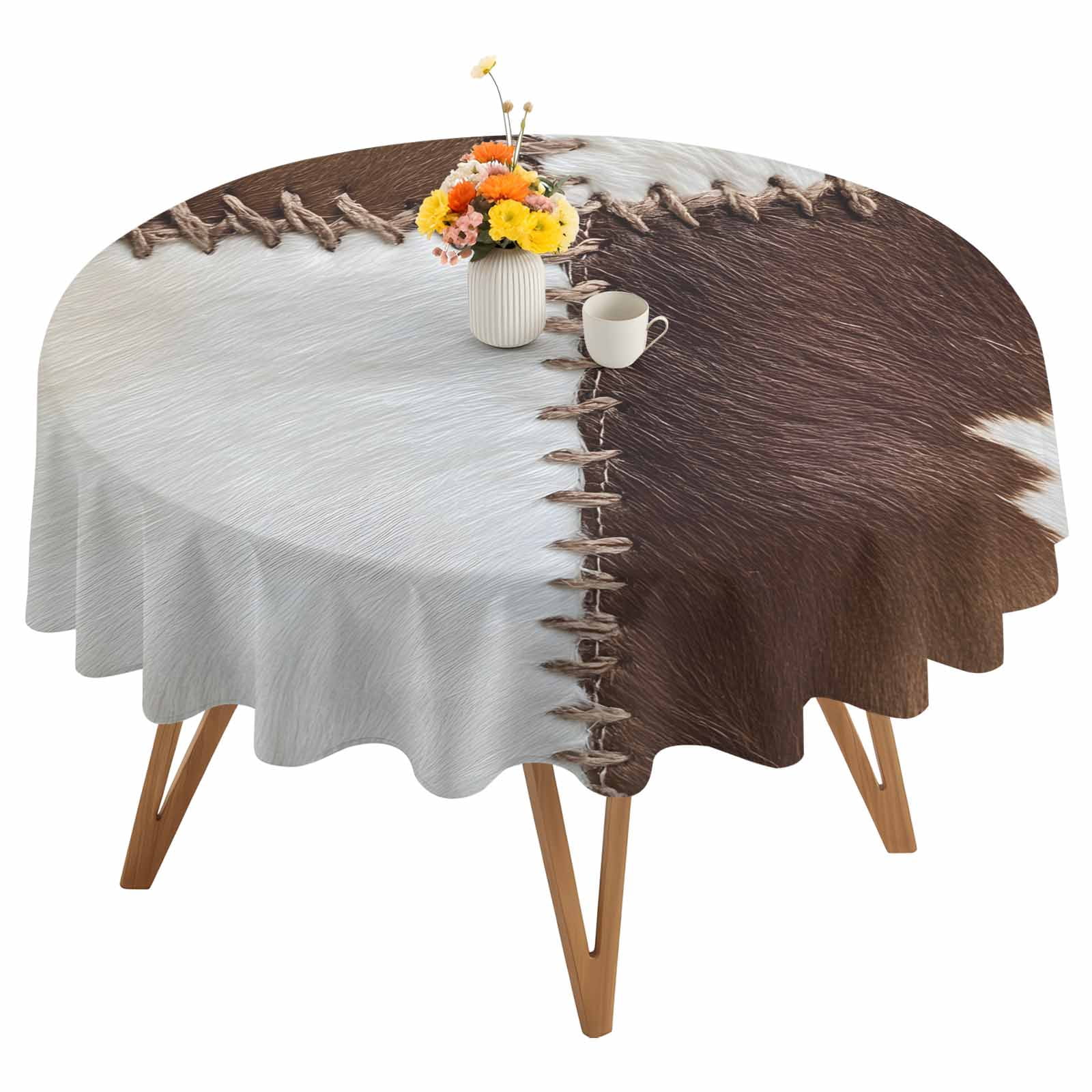Collage Cowhide Round Tablecloth 54 inches Abstract Brown Seam Cow ...