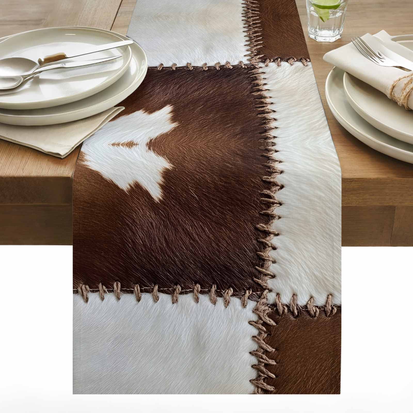 Collage Cowhide Table Runner 13x120 inch Abstract Brown Seam Cow ...