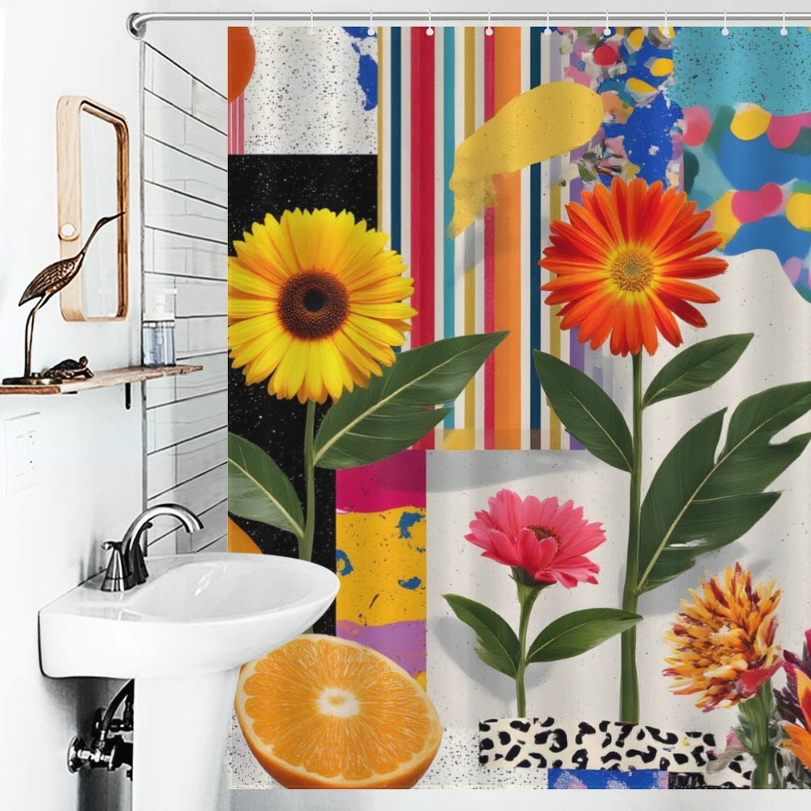 Collage Floral Geometric Print Shower Curtain Abstract Pop Art Style ...