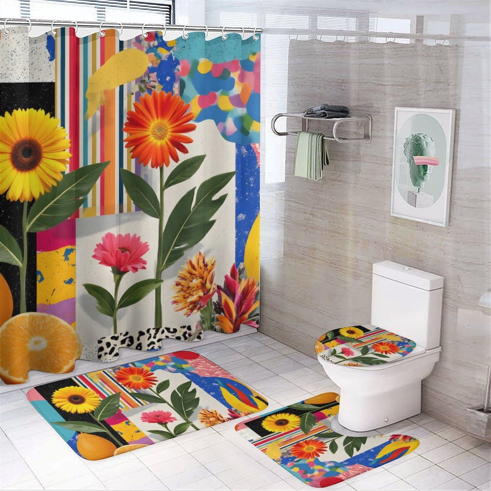 Collage Floral Geometric Print Shower Curtain Set 4-Set Abstract Pop ...