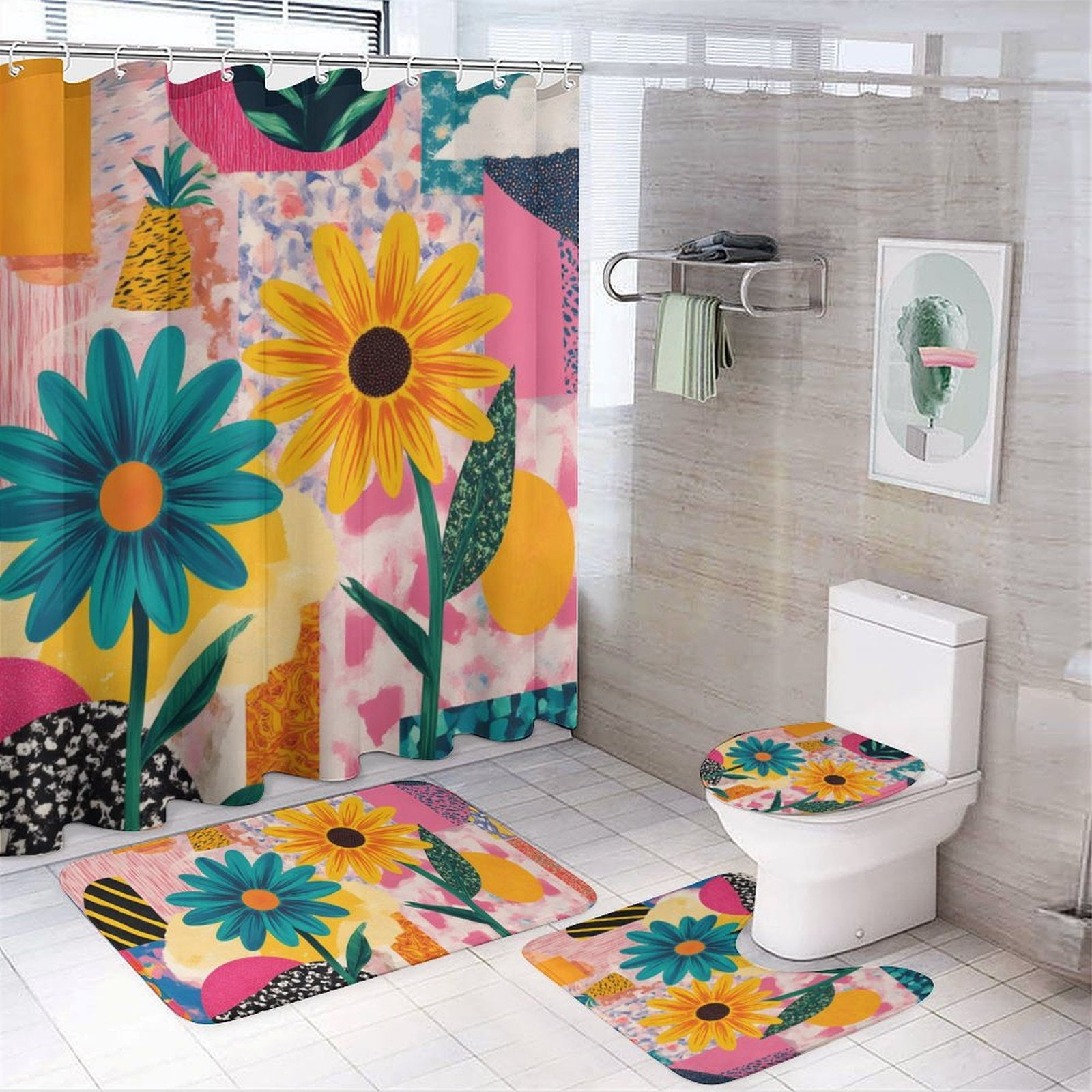 Collage Floral Geometric Print Shower Curtain Set 4-Set Abstract Pop ...