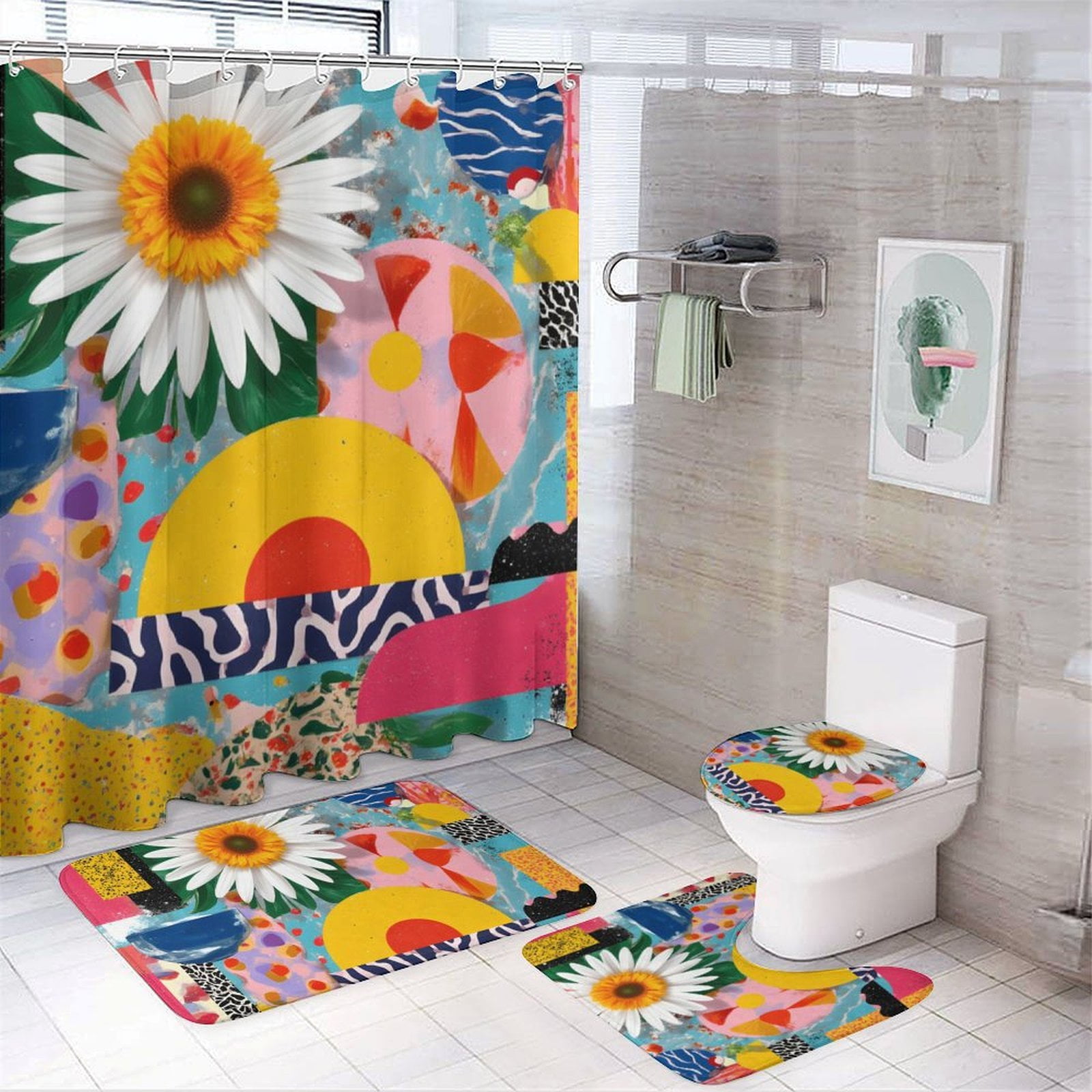 Collage Floral Geometric Print Shower Curtain Set 4-Set Abstract Pop ...