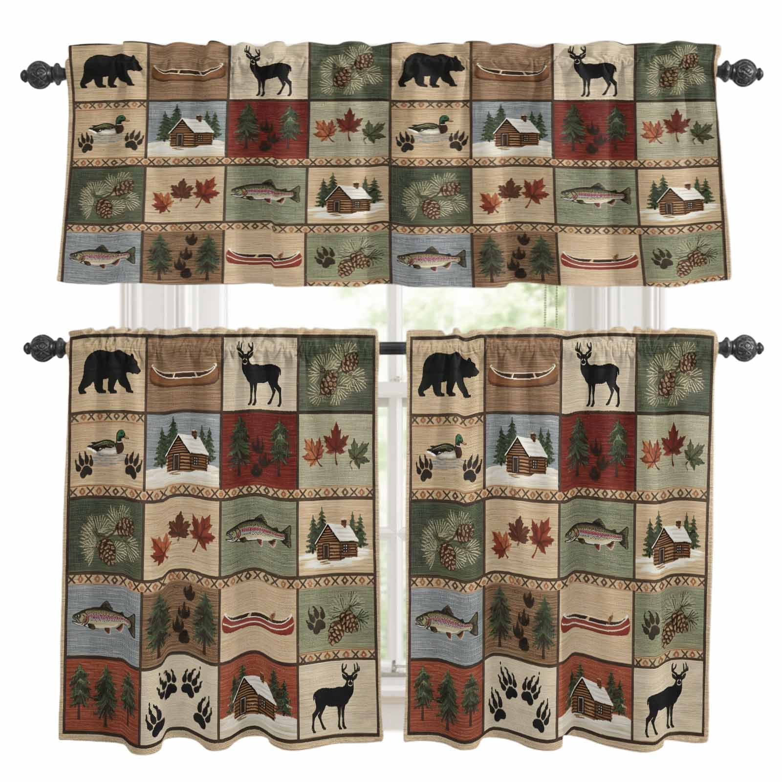 Collage Kitchen Curtains Valances and Tiers Set of 3 Forest Bear Deer ...