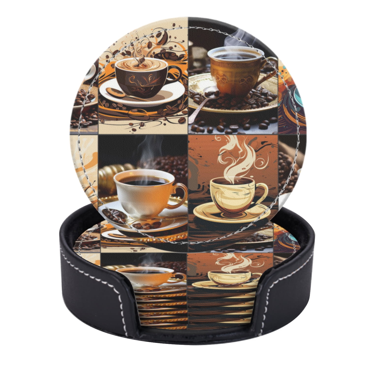 PU Leather Coasters for Drinks Bar Beer,Set of 6 with Holder,Round ...