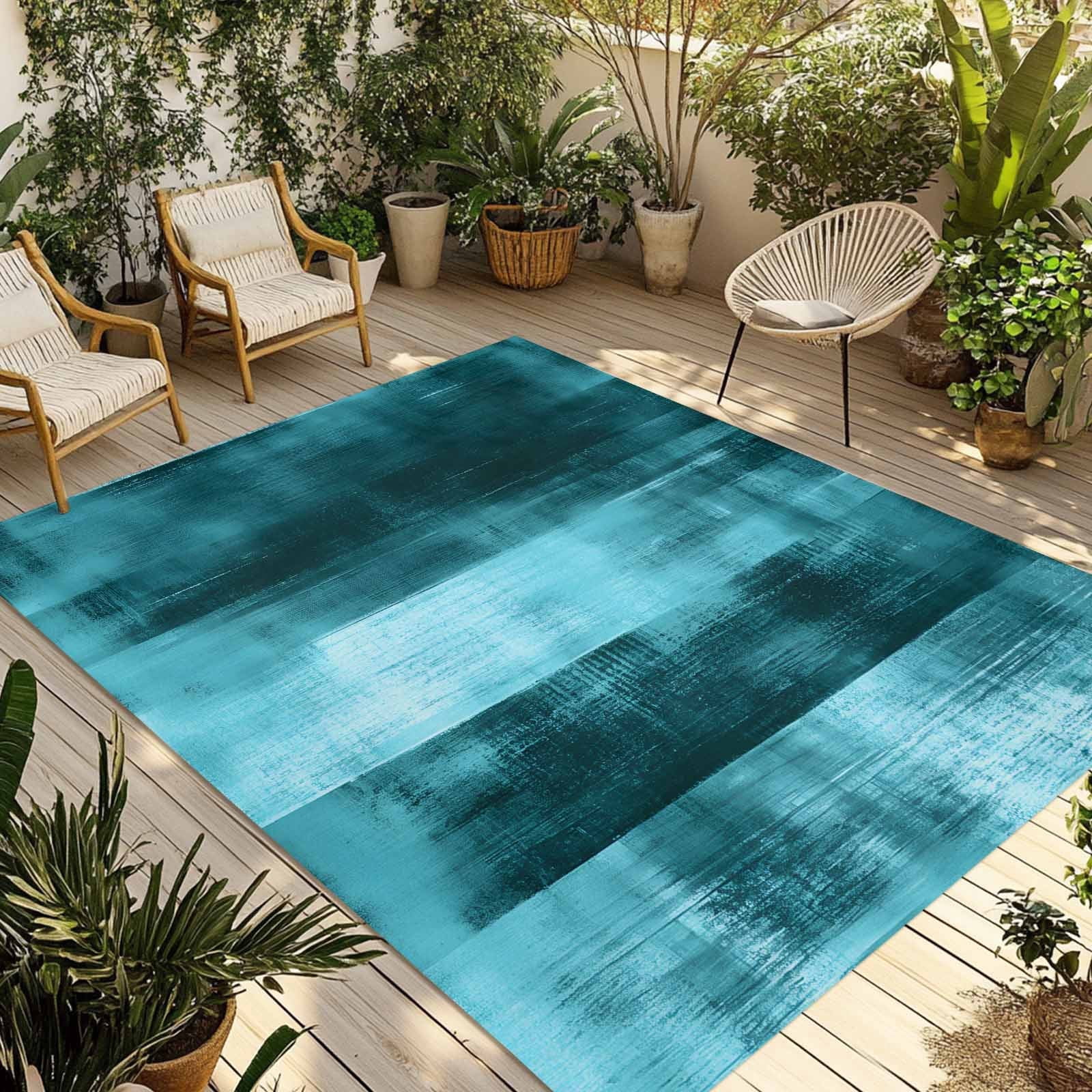 Collage Theme Outdoor Rug, Vintage Blue Oil Painting Texture Non-Slip ...