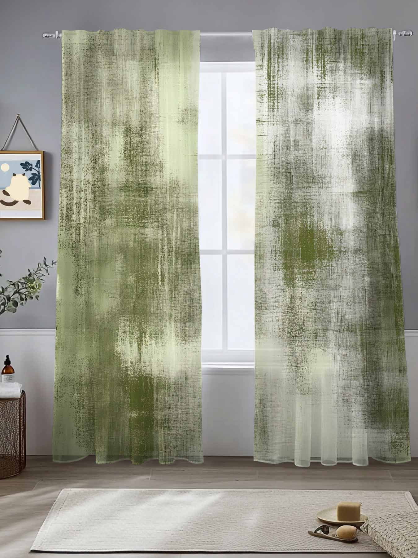 Collage Theme Sheer Curtains 108 Inches Long 2 Panels Abstract Sage ...