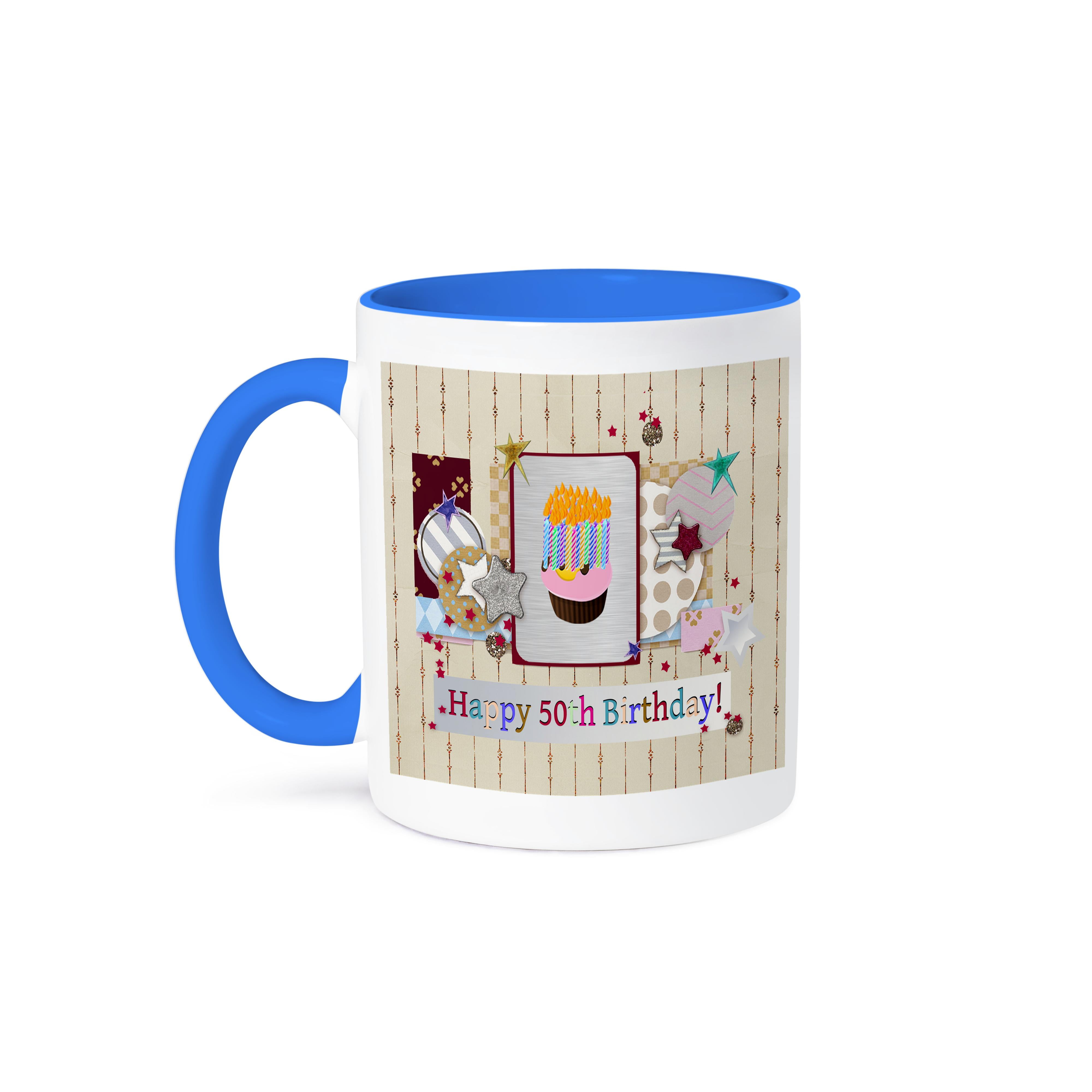 3dRose, Collage of Stars, Cupcake, and Candle, Happy 50th Birthday, 15oz Two-Tone Blue Mug ...