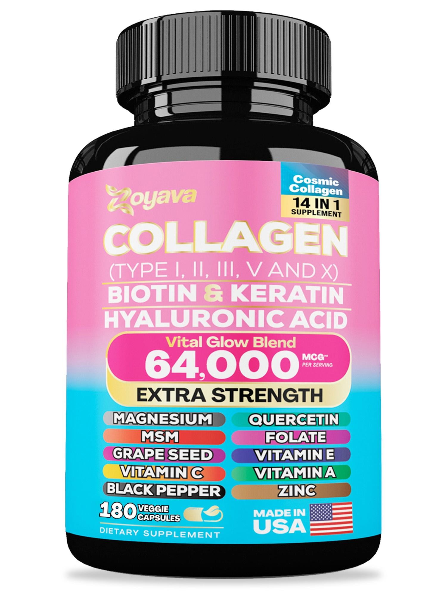 Collagen Pills Peptides Types I, II, III, V & X 64,000 MCG Biotin ...