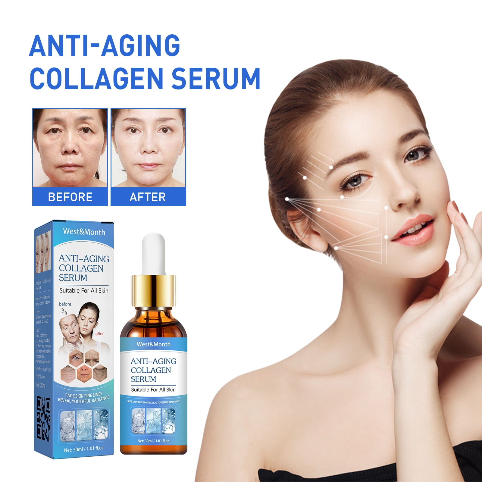 Collagen facial serum, lightens fine lines on the face, tightens the ...