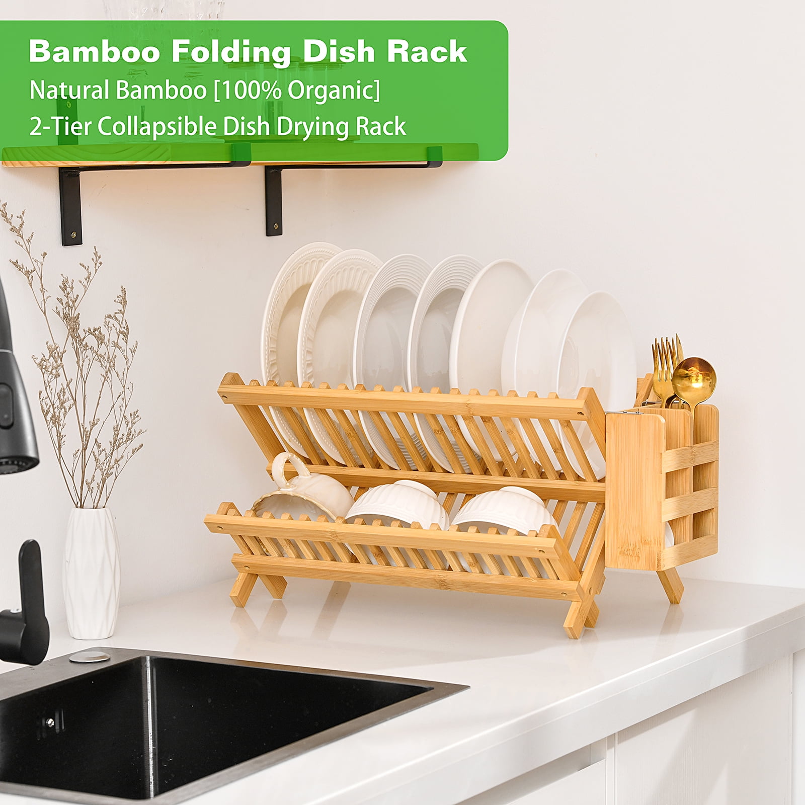 Collapsible 2-Tier Bamboo Dish Drying Rack – Foldable Wooden Dish ...