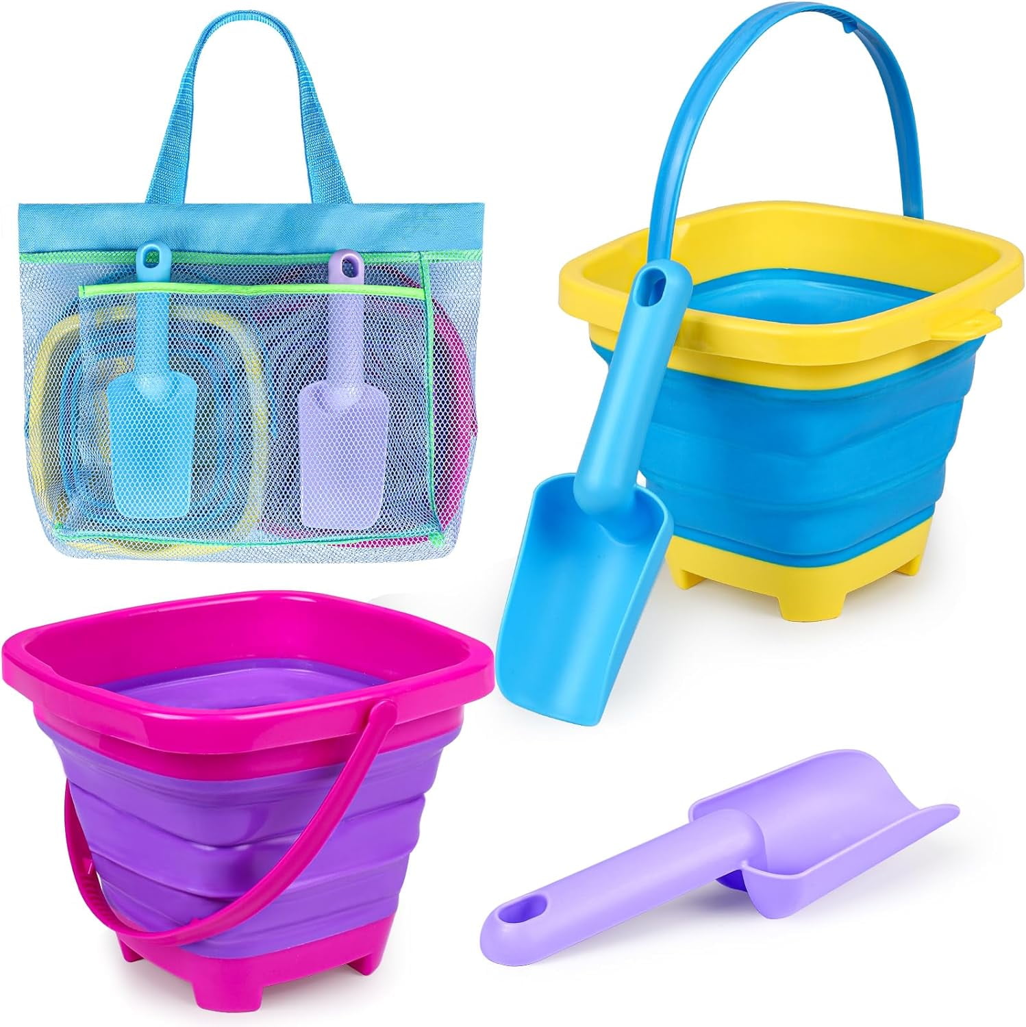 Collapsible Beach Buckets for Kids, 2 Packs Foldable Sand Buckets and ...