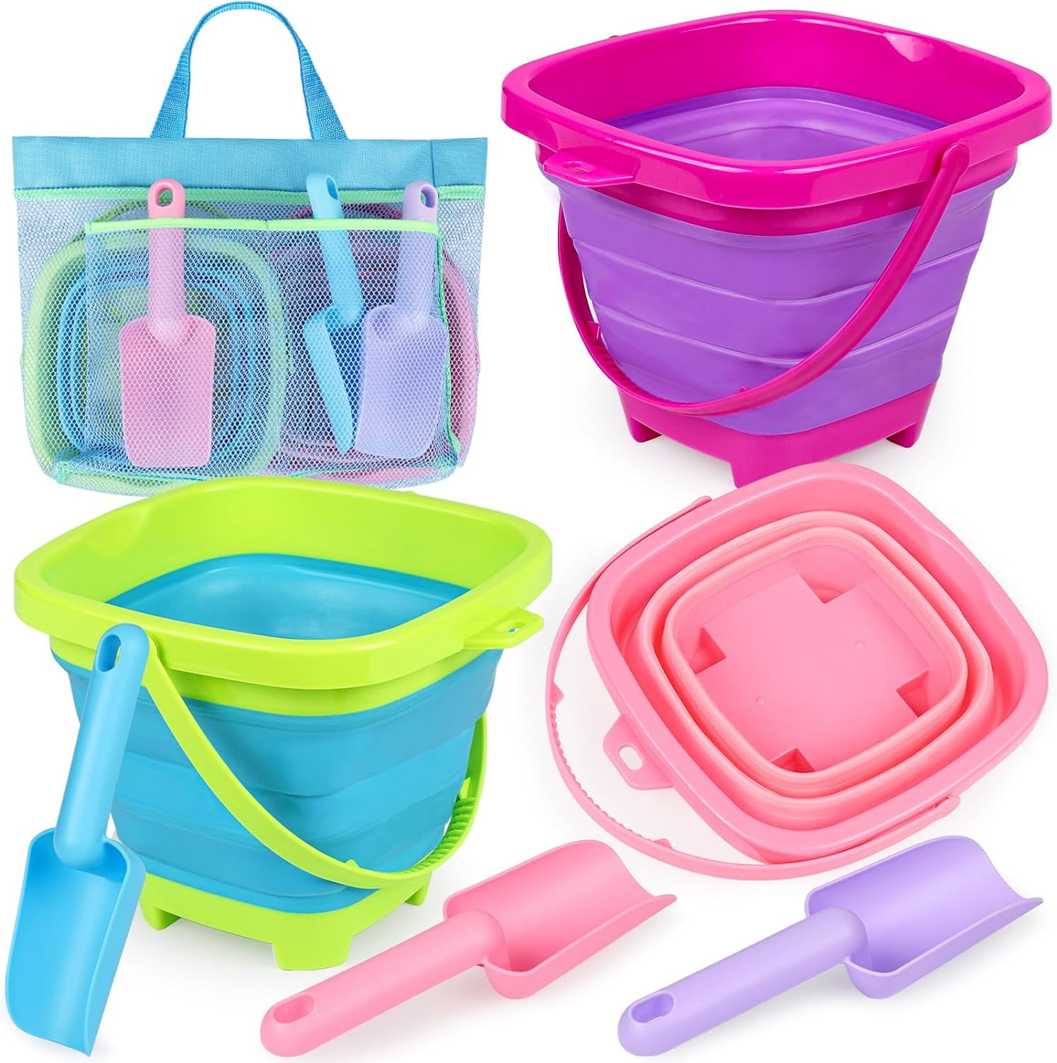 Collapsible Beach Buckets for Kids, Foldable Sand Buckets and Shovels ...