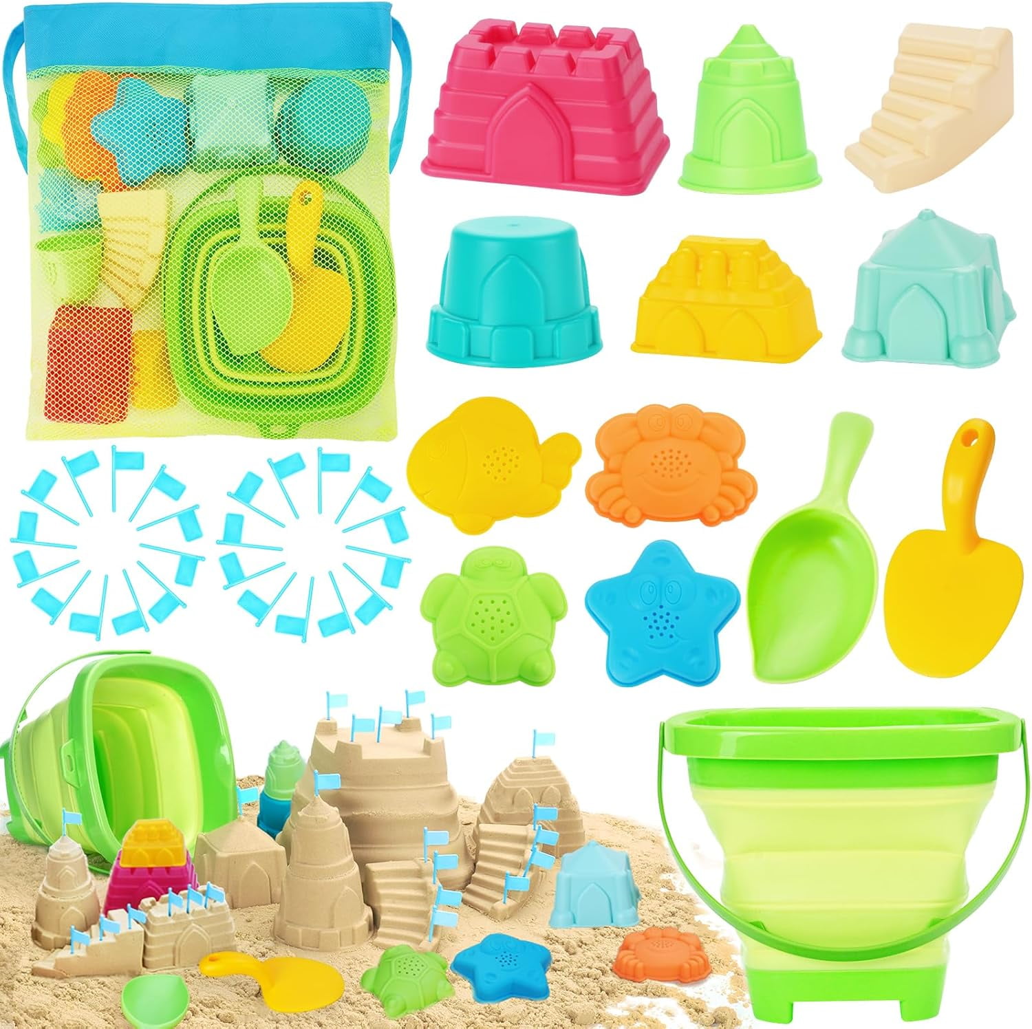 Collapsible Beach Toys for Kids, Foldable Sand Bucket and Shovels Set ...