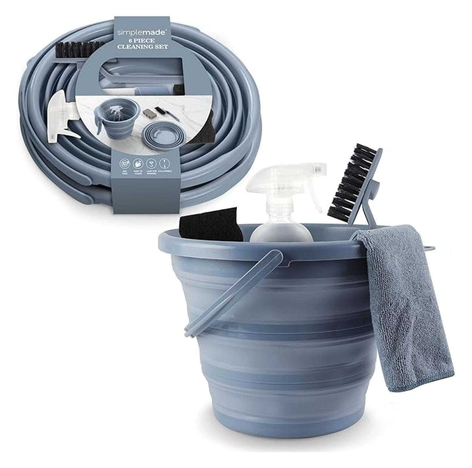 Collapsible Bucket Cleaning Set - Includes 2 Foldable Buckets, , Rag, Scrubbing Brush and Sponge ...