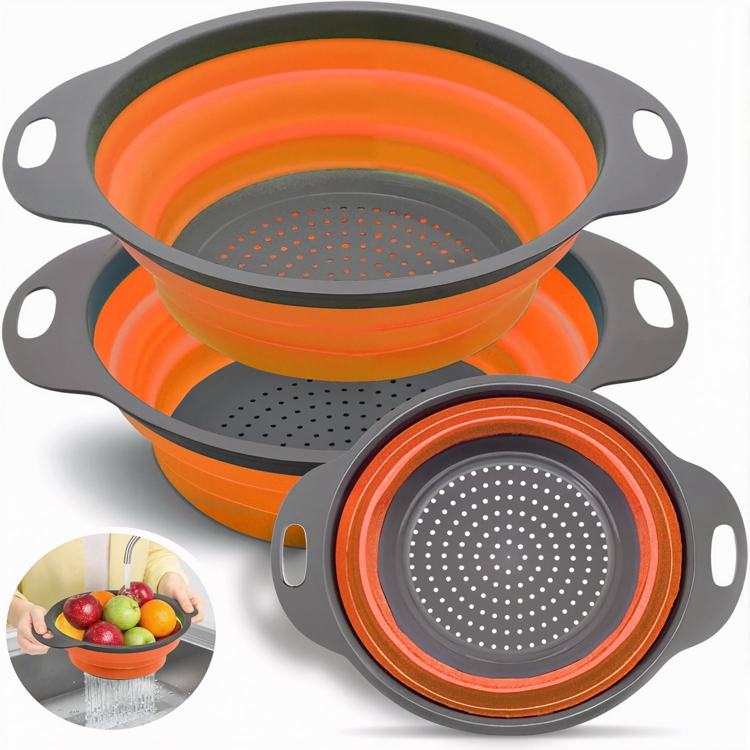 Collapsible Colander Set of 3 Round Silicone Kitchen Strainer Set - 2 ...