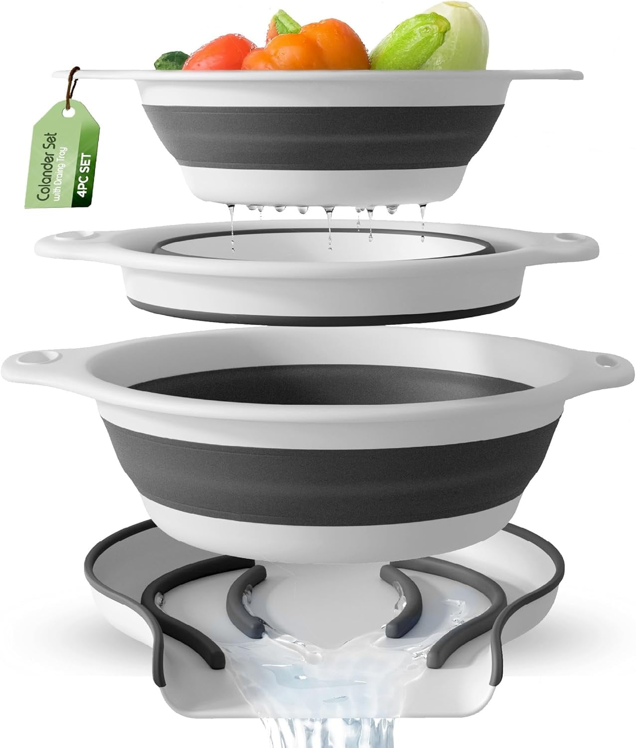 Collapsible Colanders Food Strainers with Over-Sink Water Draining Base ...
