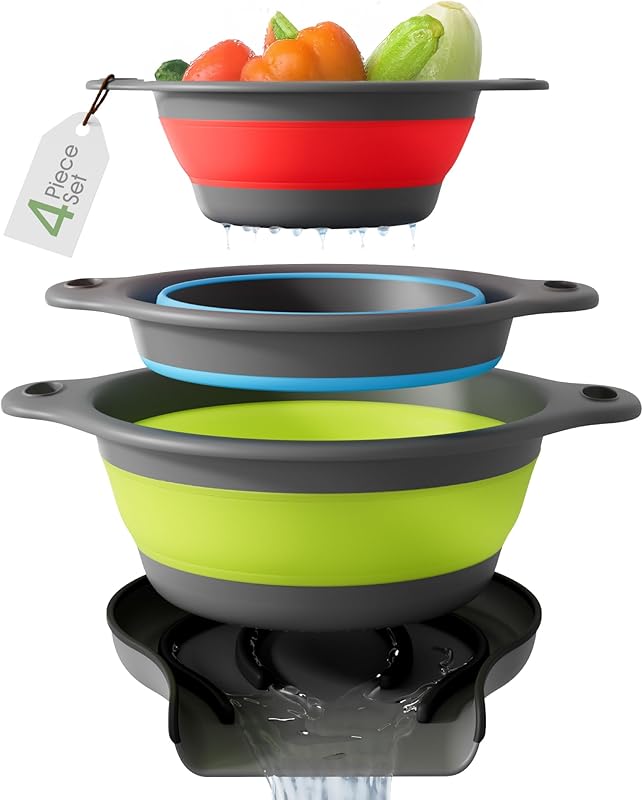 Collapsible Colanders with Self-Draining Base for Edge of Sink, Food ...