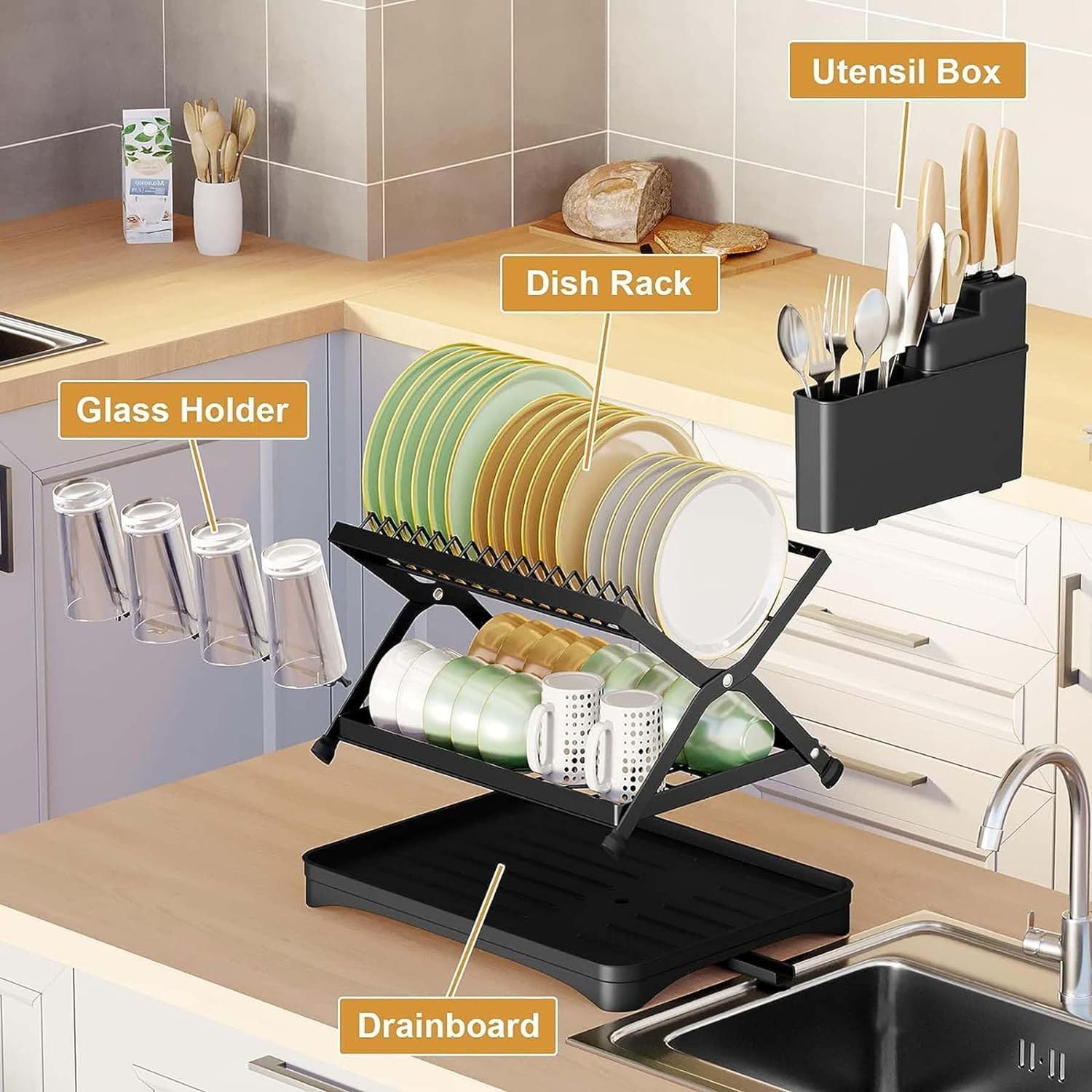 Collapsible Dish Drying Rack with Drainboard 2 Tier Dish Racks for Kitchen Counter Stainless ...