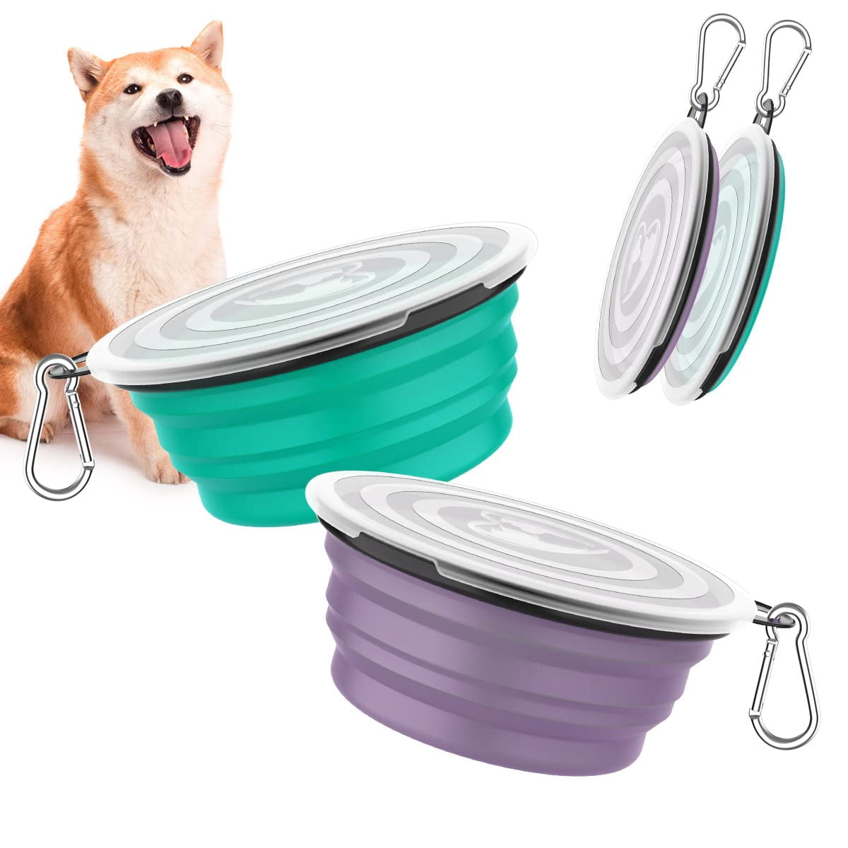 Collapsible Dog Bowls 2 Pack, Silicone Feeding Watering Bowls with Lids ...